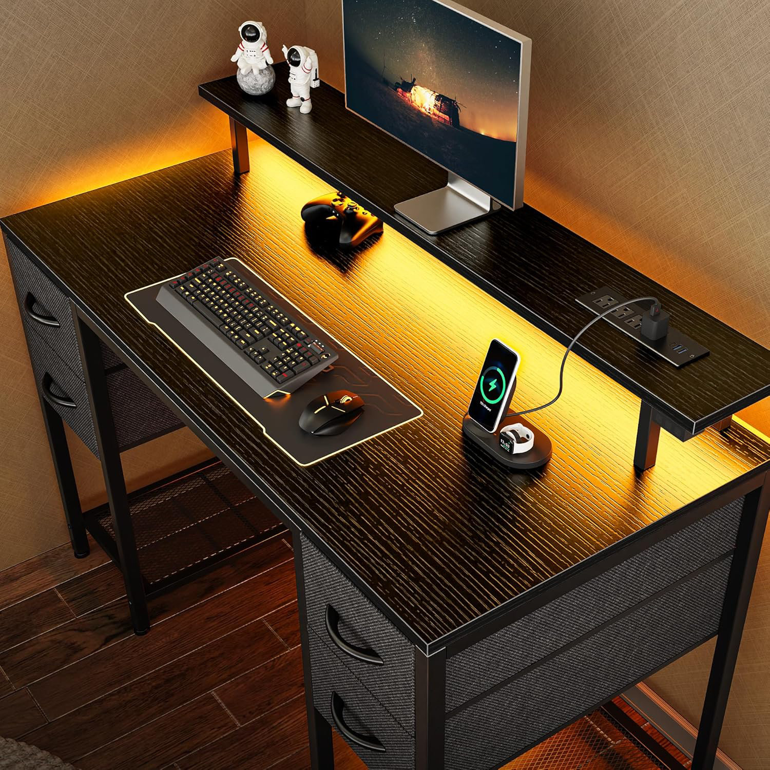 Inbox Zero Computer Desk with 4 Drawers, Gaming Desk with LED Lights ...