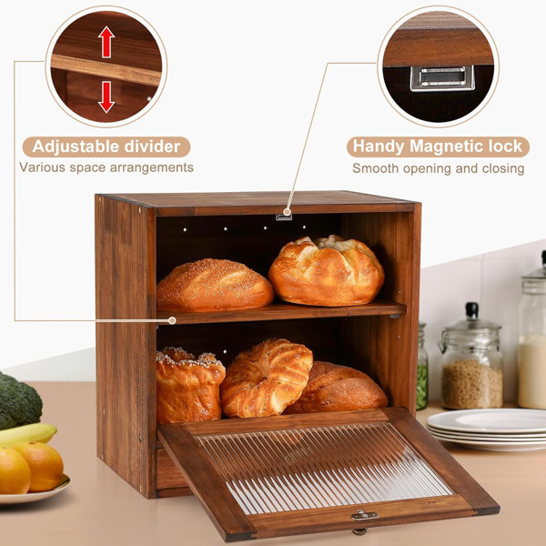 Loon Peak® Bread Box For Kitchen Countertop Bin 2 Layer Wooden Bread ...