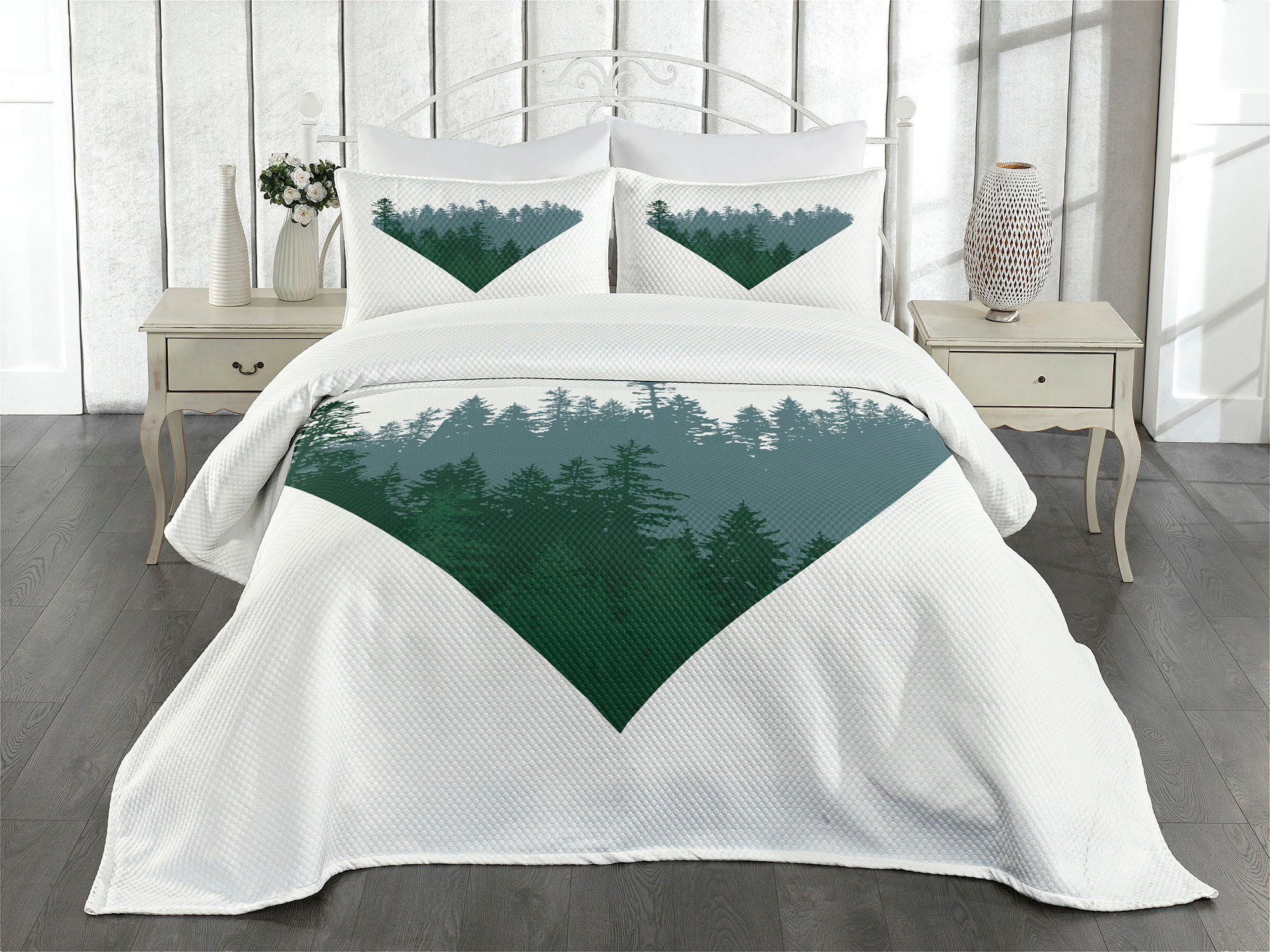 Ambesonne Forest Bedspread Set Coniferous Tree Design Dark Green Slate ...