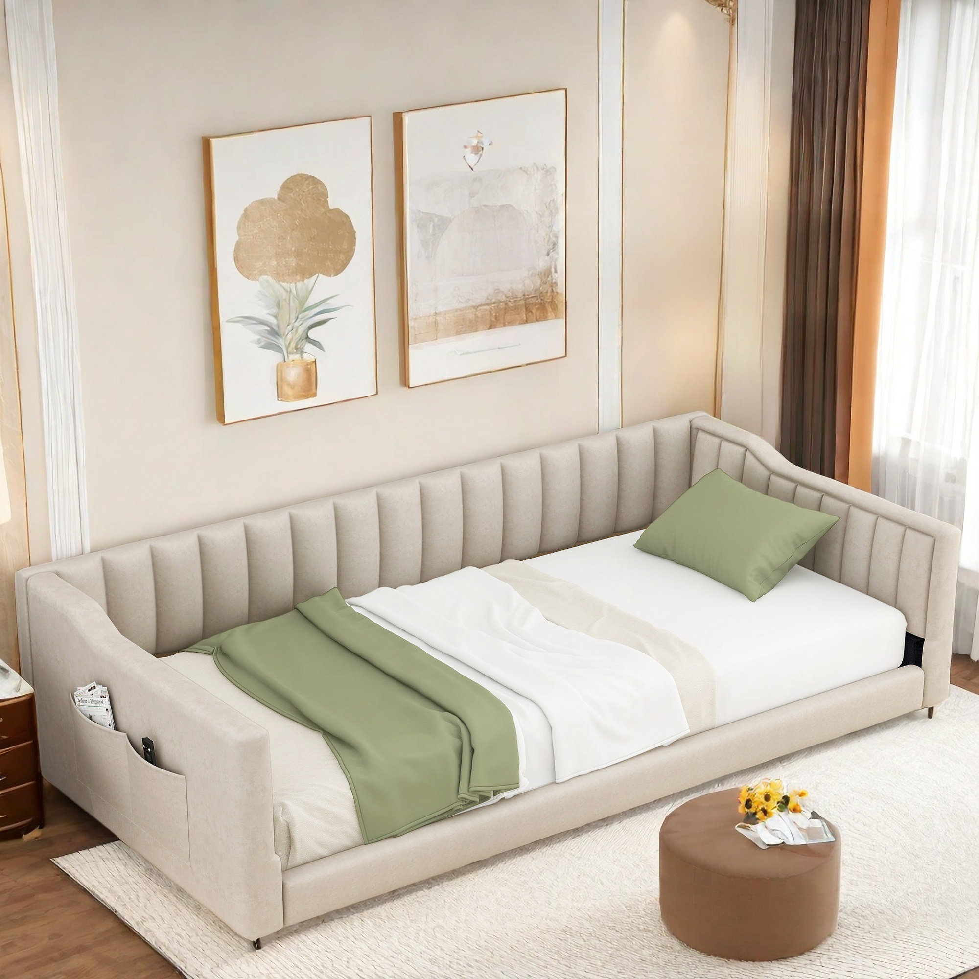 Mercer41 Upholstery Daybed With Side Storage Pockets And Vertical ...