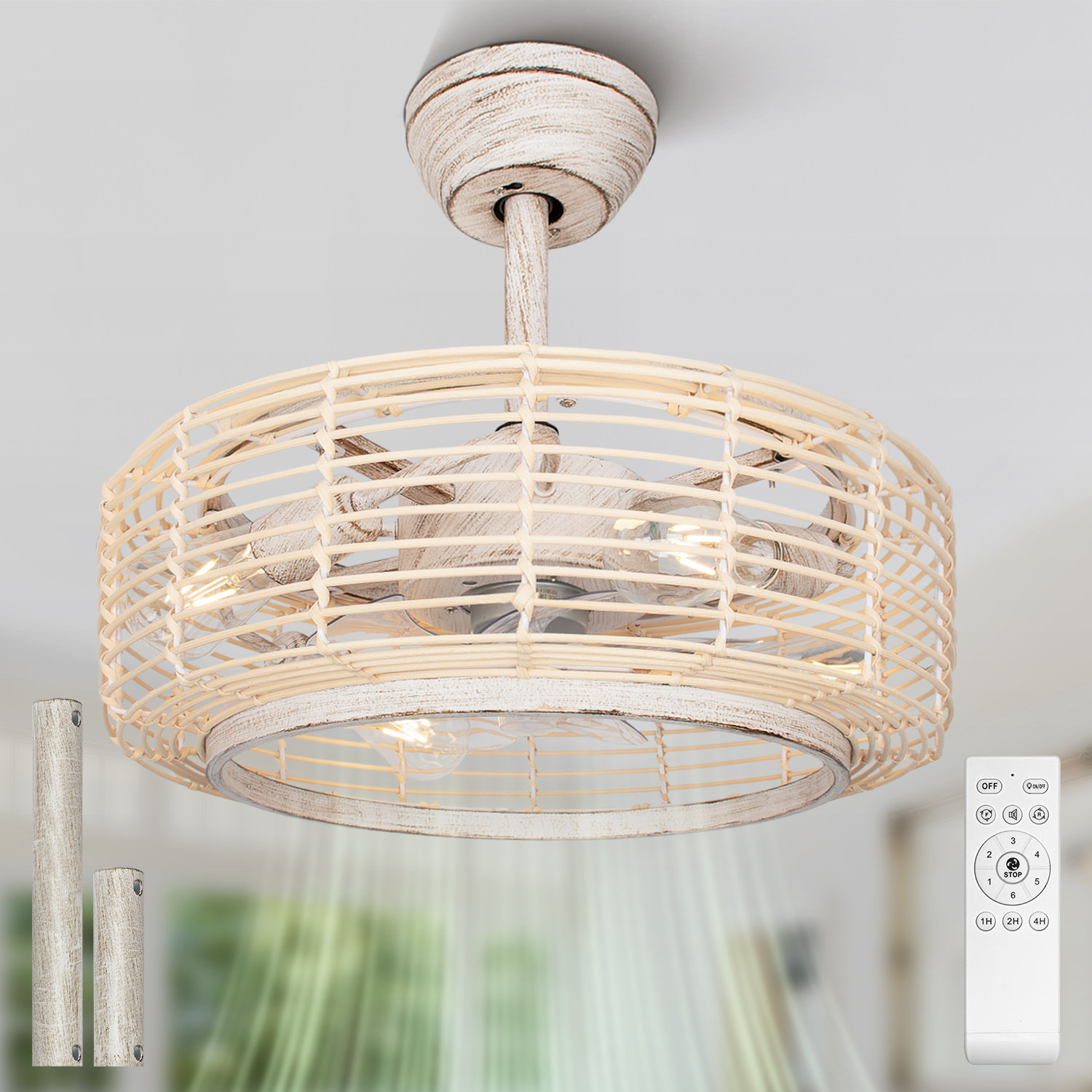 Bay Isle Home™ 20" Boho Fandelier, Rustic White Metal & Wicker Caged ...