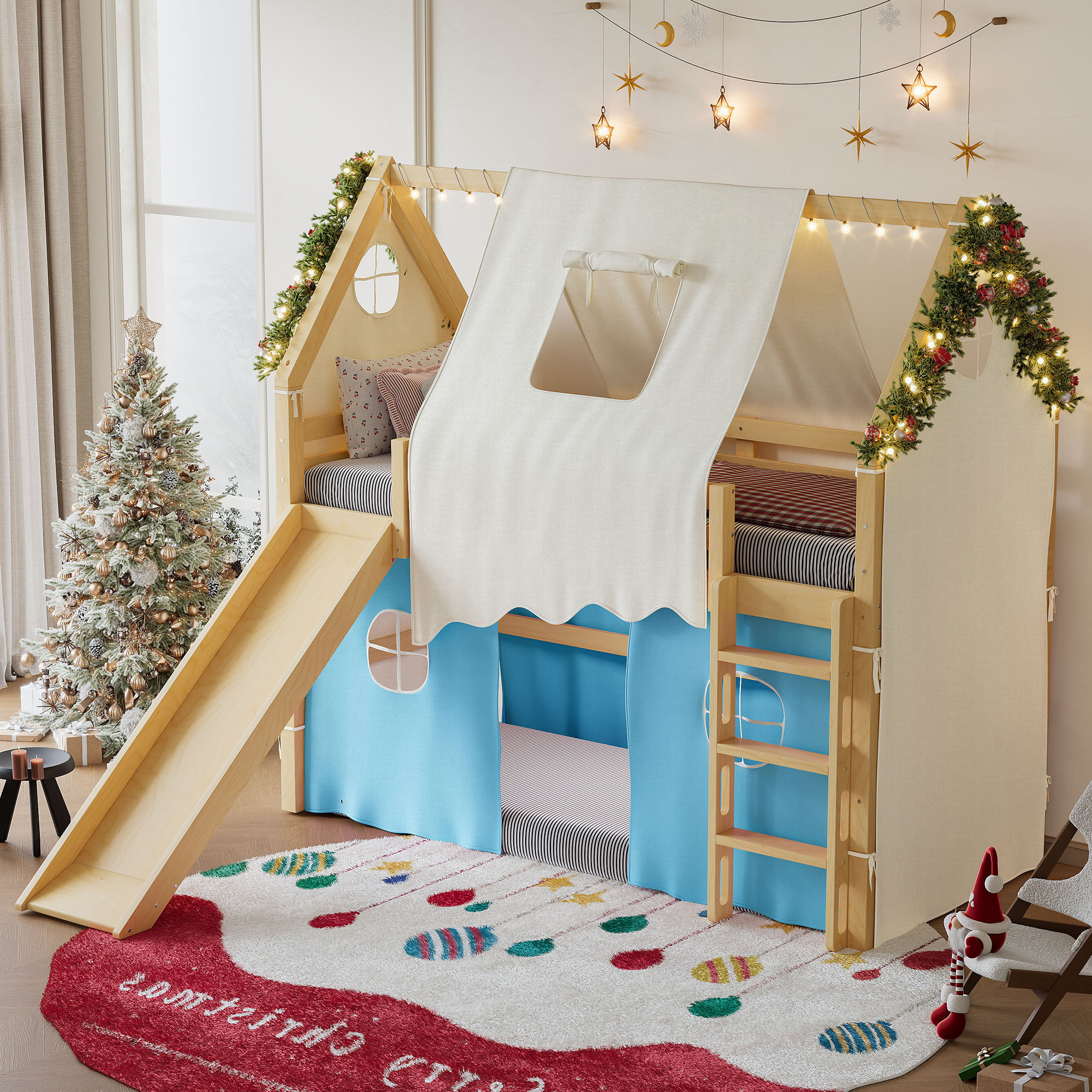 Latitude Run® House Loft Bed for Kids with Slide, Ladder, Tent & Lights ...