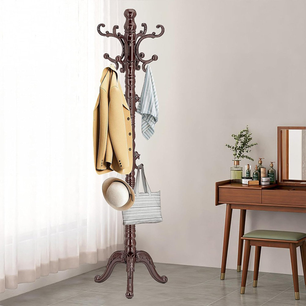 Latitude Run® Coat Rack Stand – Natural Wood – Freestanding, 14-Hook ...