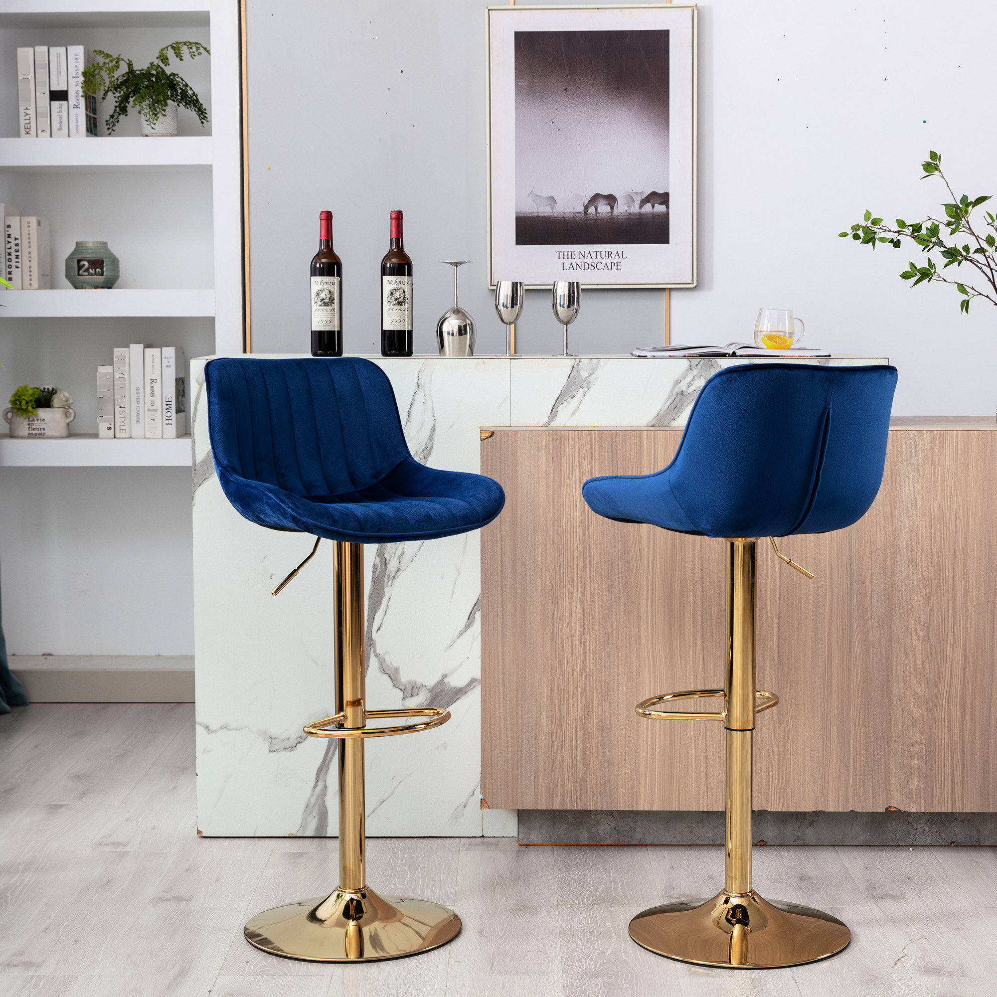 Mercer41 Of 2 Navy Bar Stools. Footrest & Base, Velvet + Golden Leg ...
