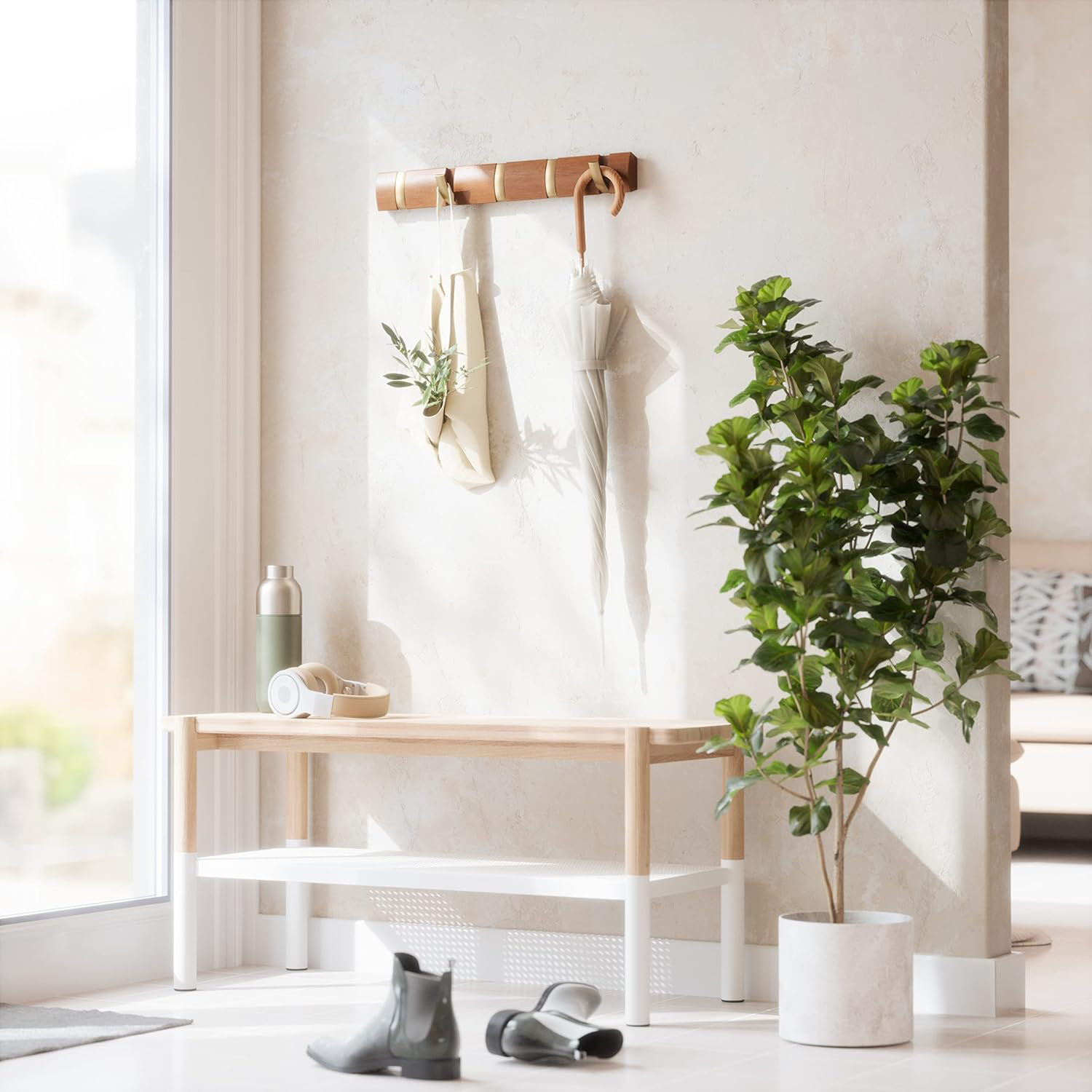 Ivy Bronx Wall Mounted Floating Rack With Retractable Hooks - Space ...