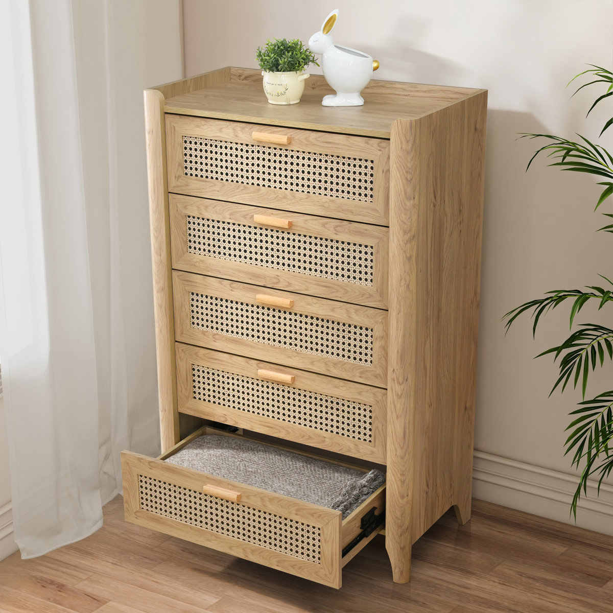 Bay Isle Home™ Fake Rattan 5 Drawers Dresser with Pre-Assembled ...