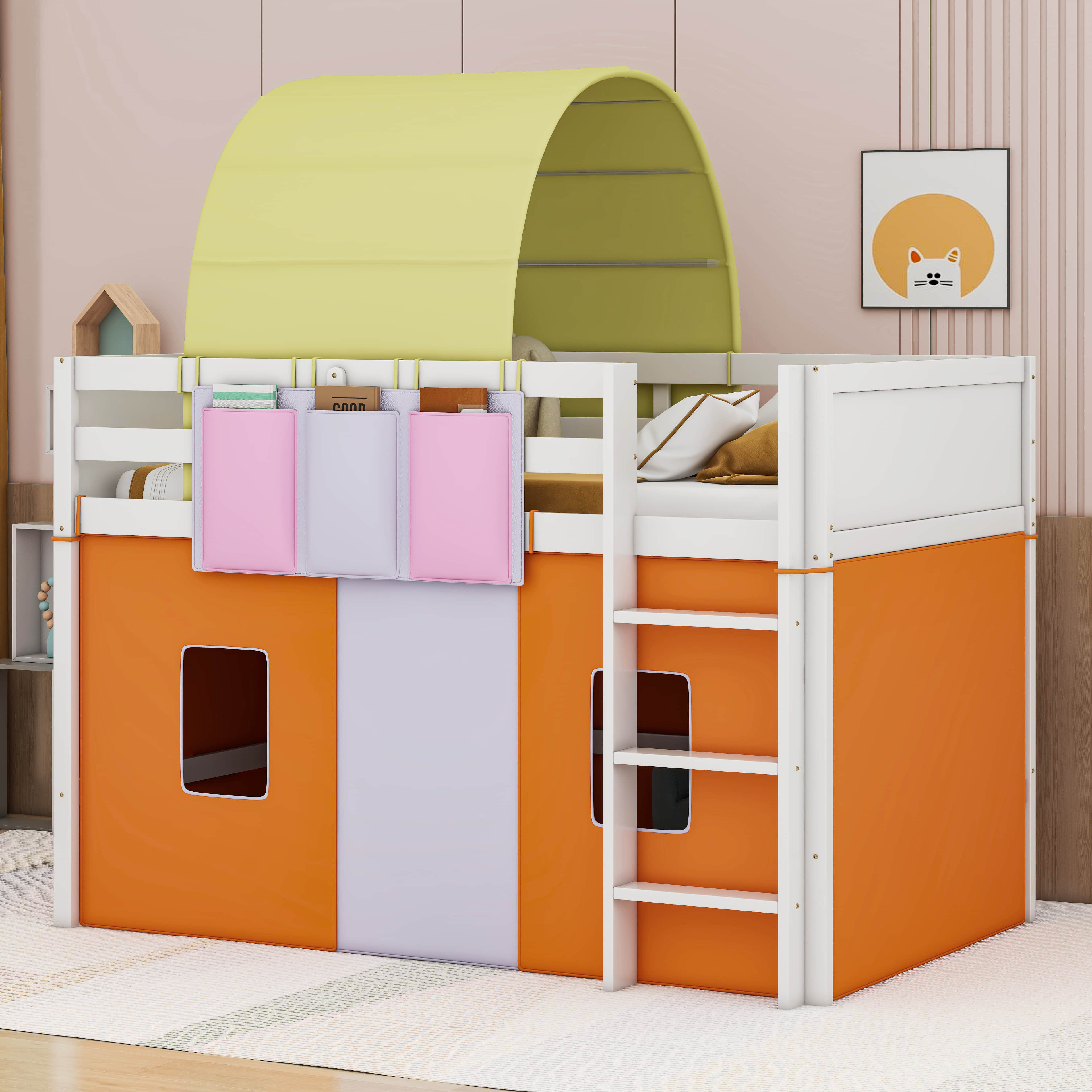 Cosmic Twin Size Loft Bed with Tent and Tower and Three Pockets | Wayfair