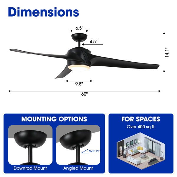 Wrought Studio™ 60" Black 3-Blade Propeller Ceiling Fan with Lights and ...