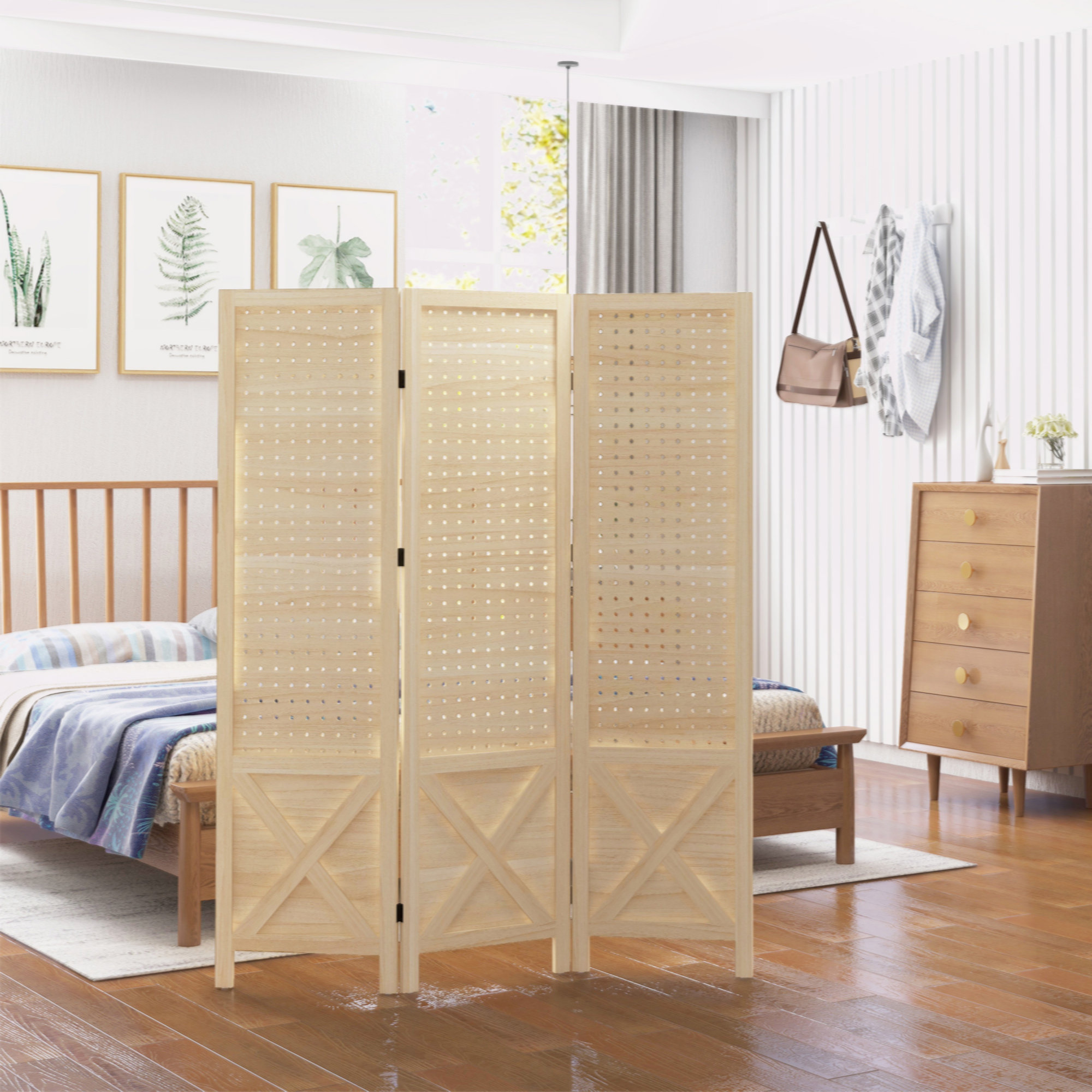 Myhomekeepers HOMCOM 4 Panel Pegboard Display Room Divider, Tall Wood ...