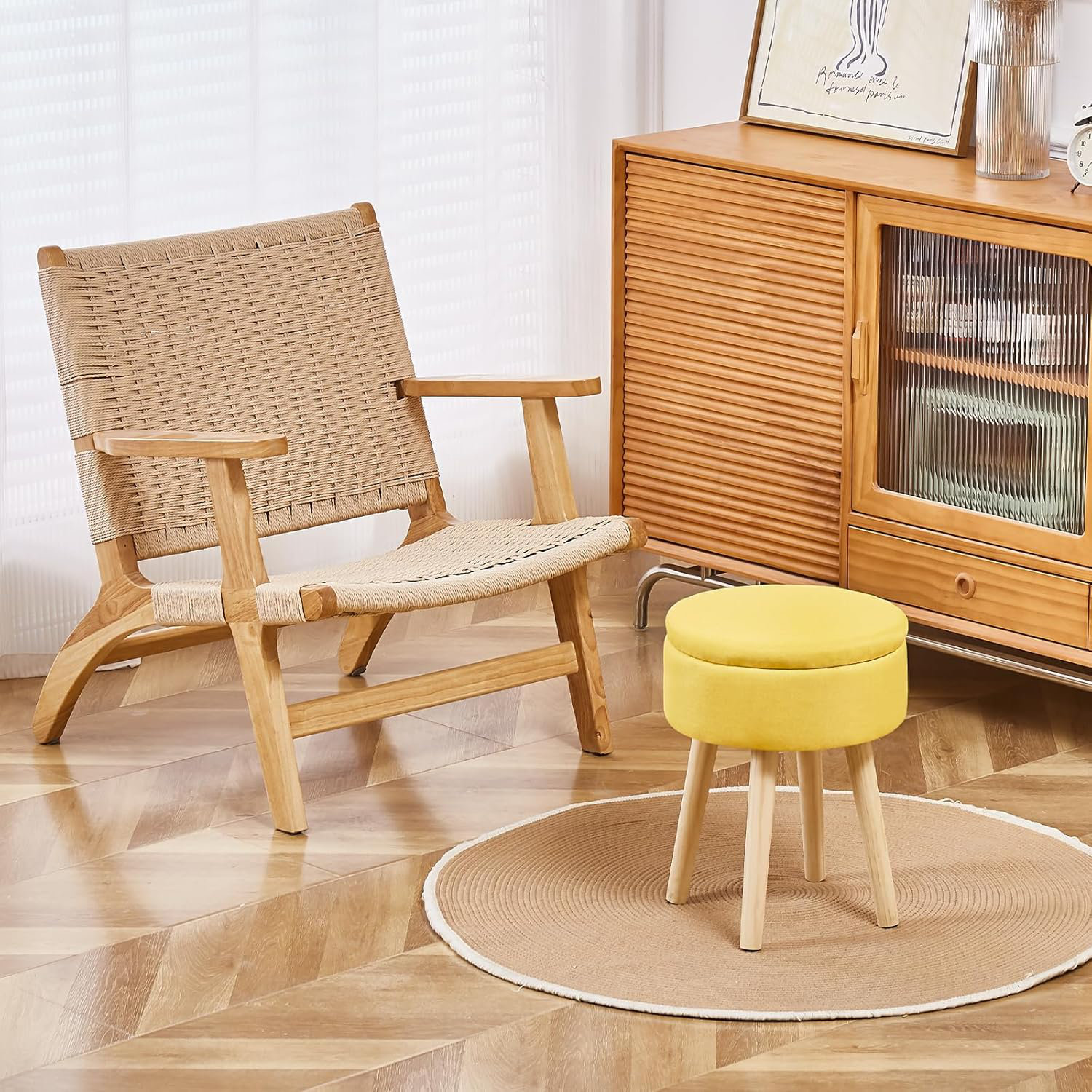 George Oliver Storage Ottoman Foot Stool Linen Round Vanity Stool Tray ...