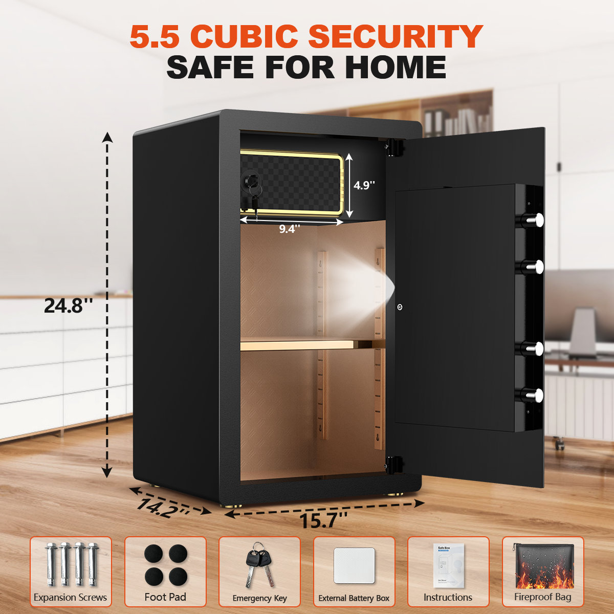 Besafety 5.55 Cuft Large Safe Box, Digital Keypad Home Safe With ...