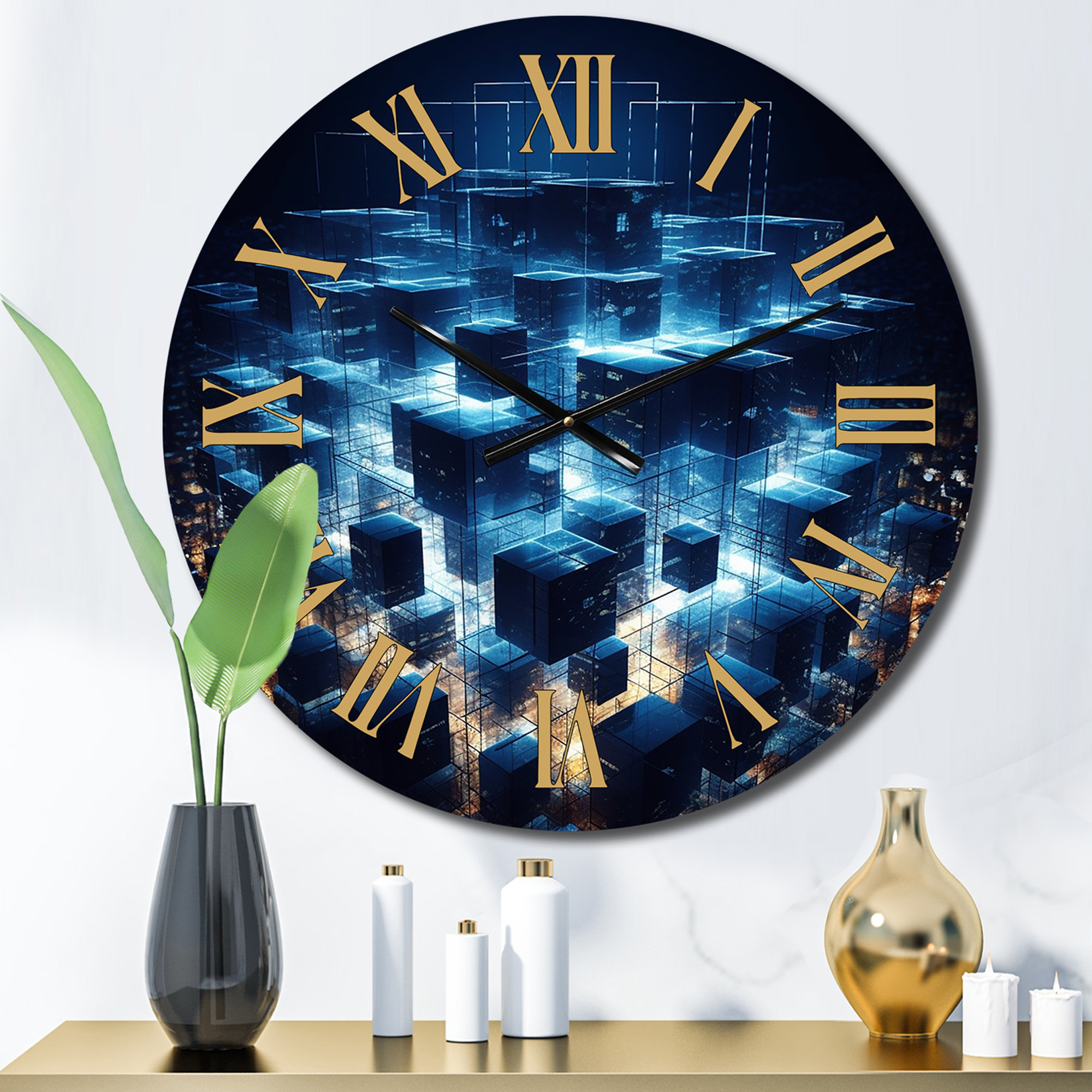 Design Art 3D Cityscape Future Architecture Nova Blue Metal Wall Clock ...