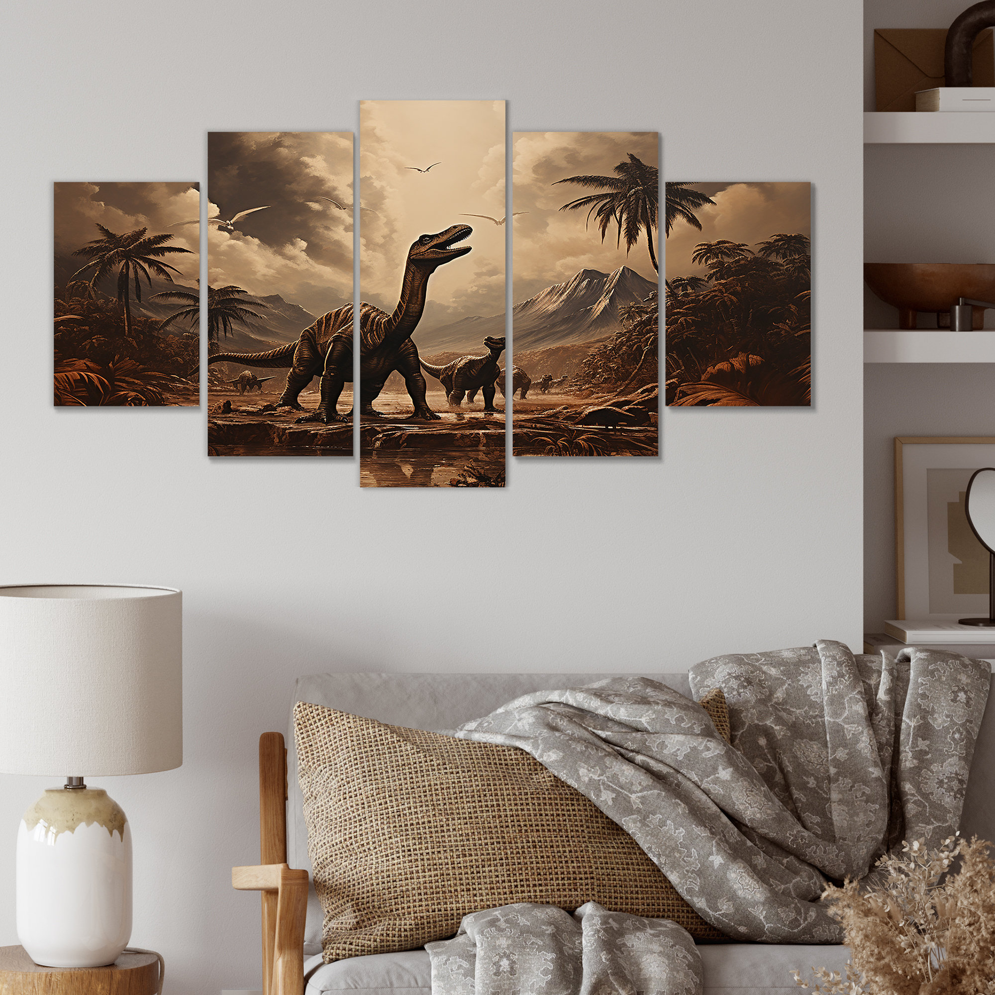 Trinx Vintage Jurassic Dinosaur Landscape II - Dinosaur Multipanel Wall ...