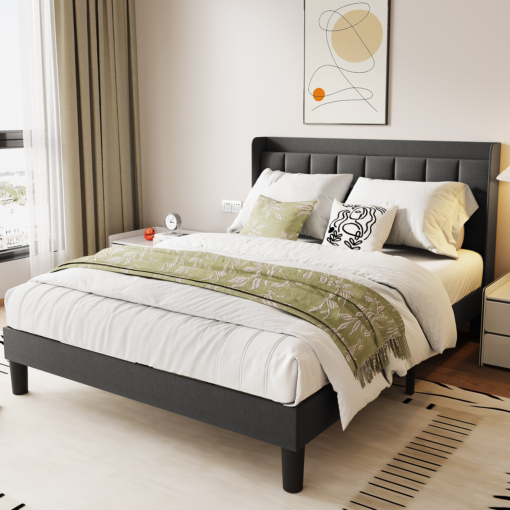 17 Stories Linen fabric soft bed frame with USB charging port | Wayfair ...