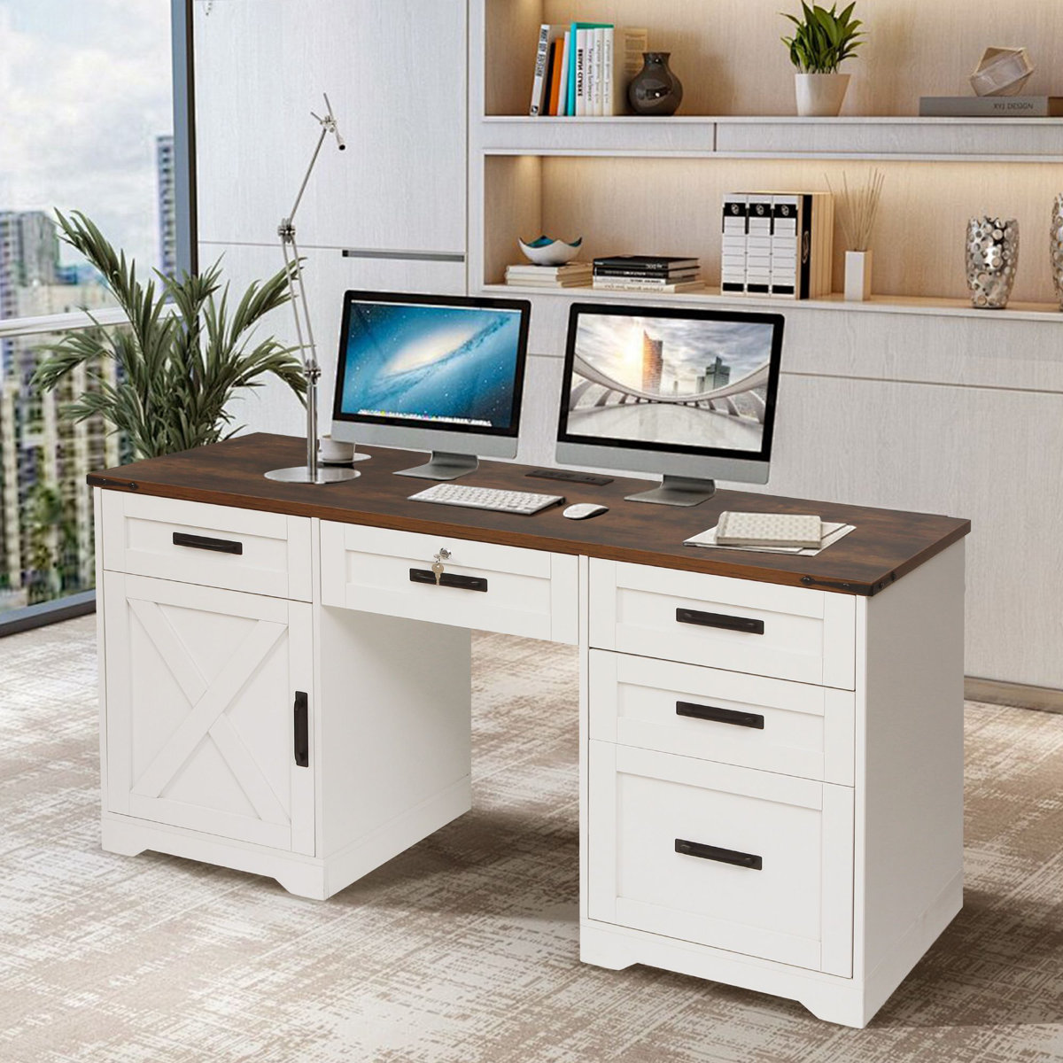 Gracie Oaks 60" Farmhouse Executive Desk with Drawers, Wood Home Office ...