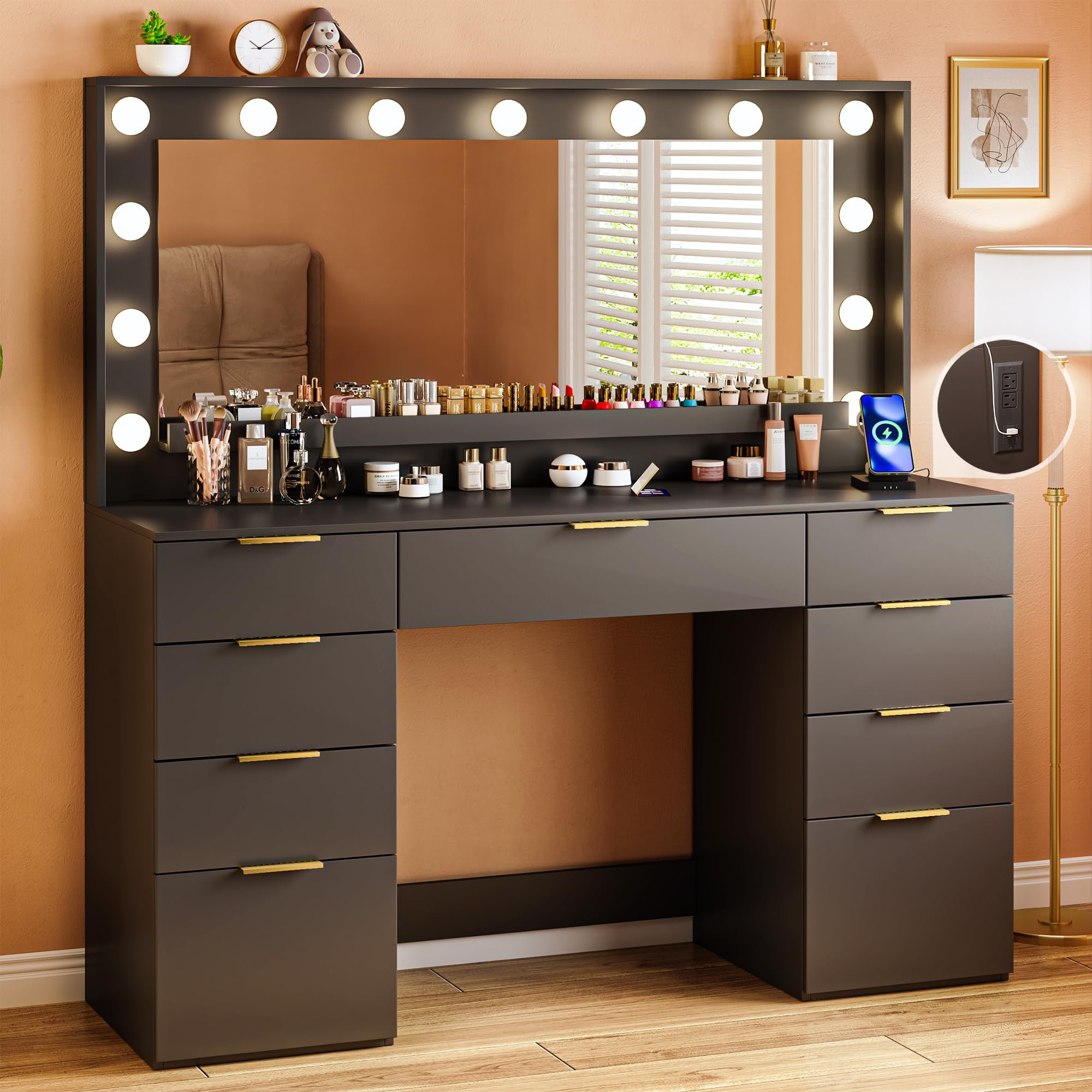 Ebern Designs Vanity Desk With Large Mirror And Lights, 9 Drawer, Power ...