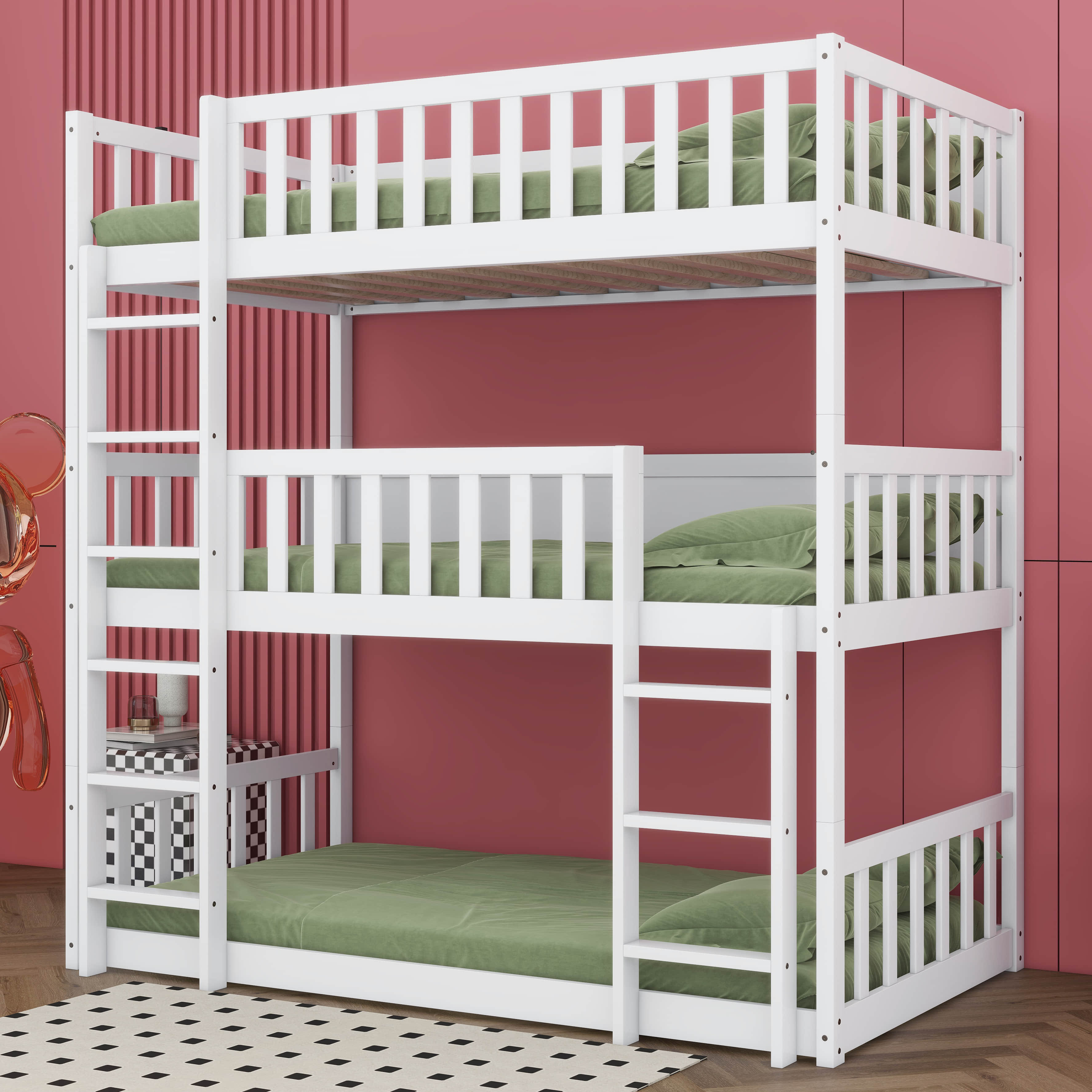 Harriet Bee Twin Size Triple Rubber Wood Bunk Bed, With Ladders ...
