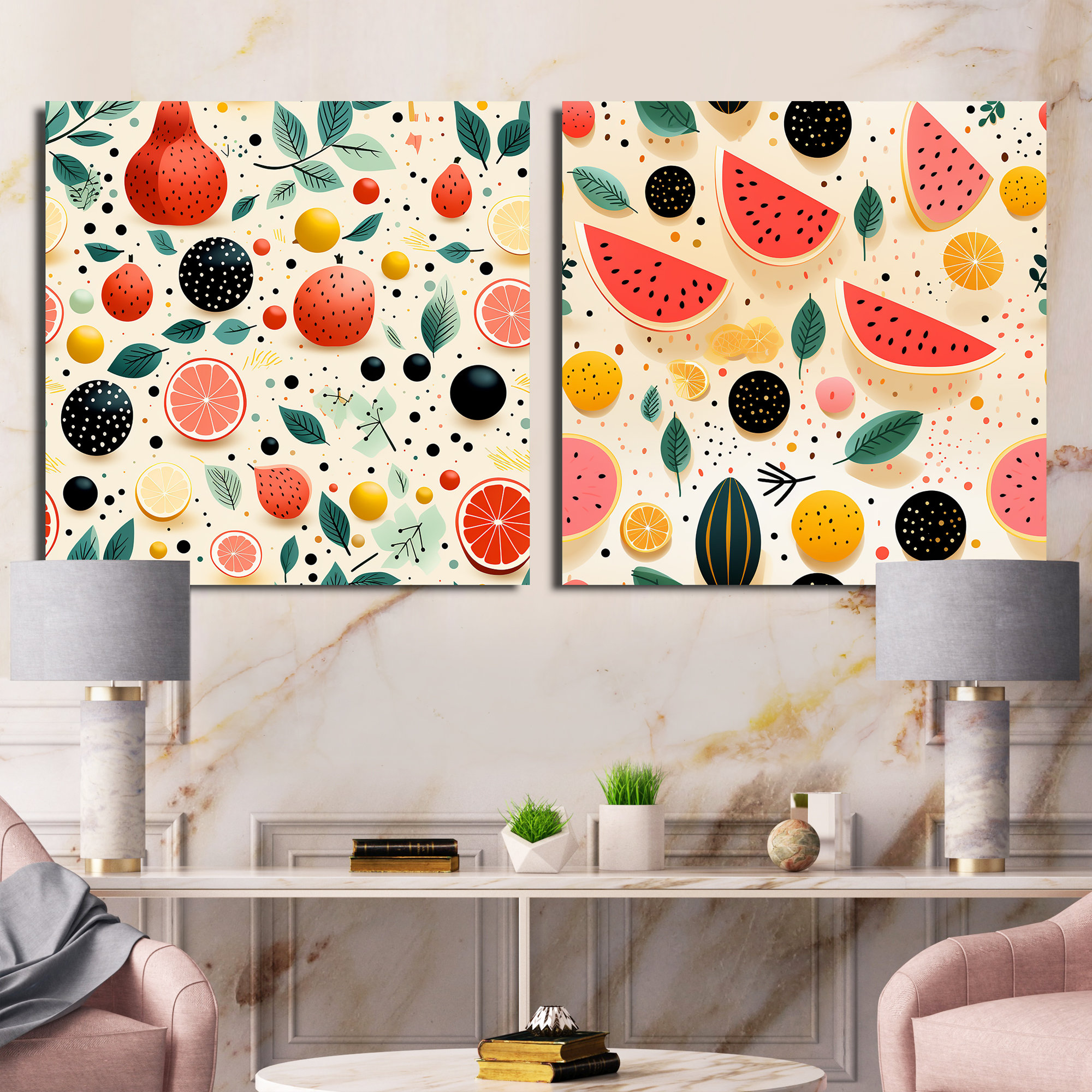 Design Art Midcentury Pastel Fruits Pattern - Abstract Collages Square ...