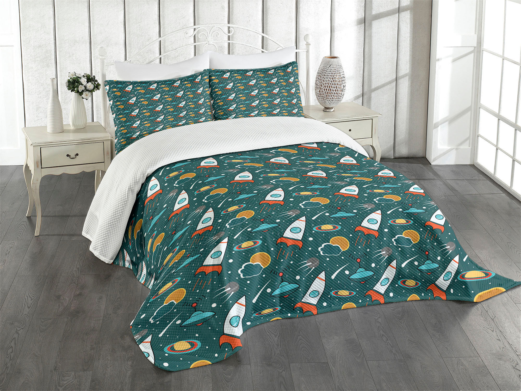 Ambesonne Spaceship Bedspread Set Outer Space Nebula Multicolor | Wayfair