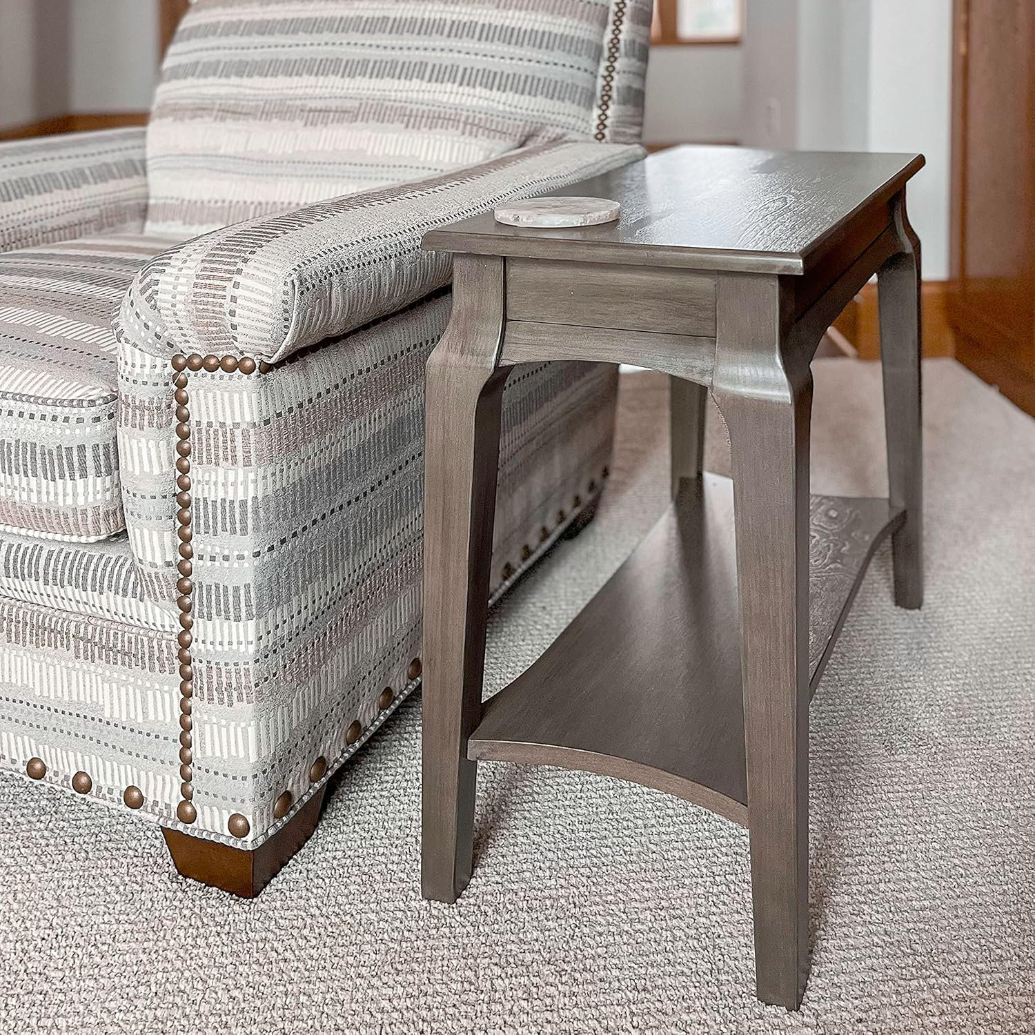 Red Barrel Studio Stratus Narrow Side Table With Bottom Shelf - Solid Wood, Smoke Grey Finish ...