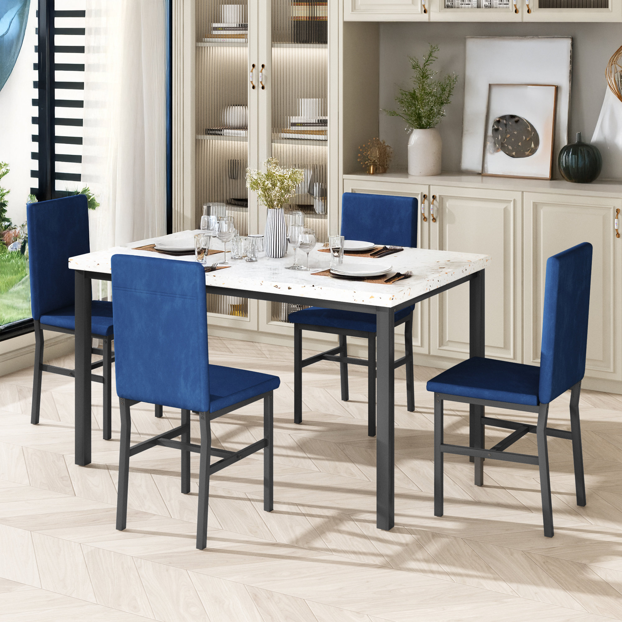 Ebern Designs Faux Marble Dining Room Table And Chairs Set For 4 | Wayfair