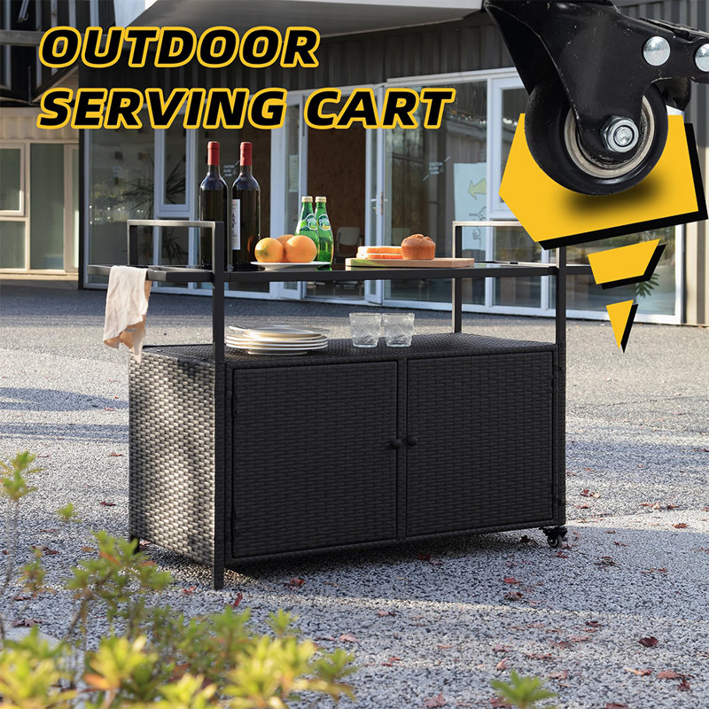 Arlmont & Co. Senona Portable Outdoor Wicker Bar Table, Wheels, Glass ...