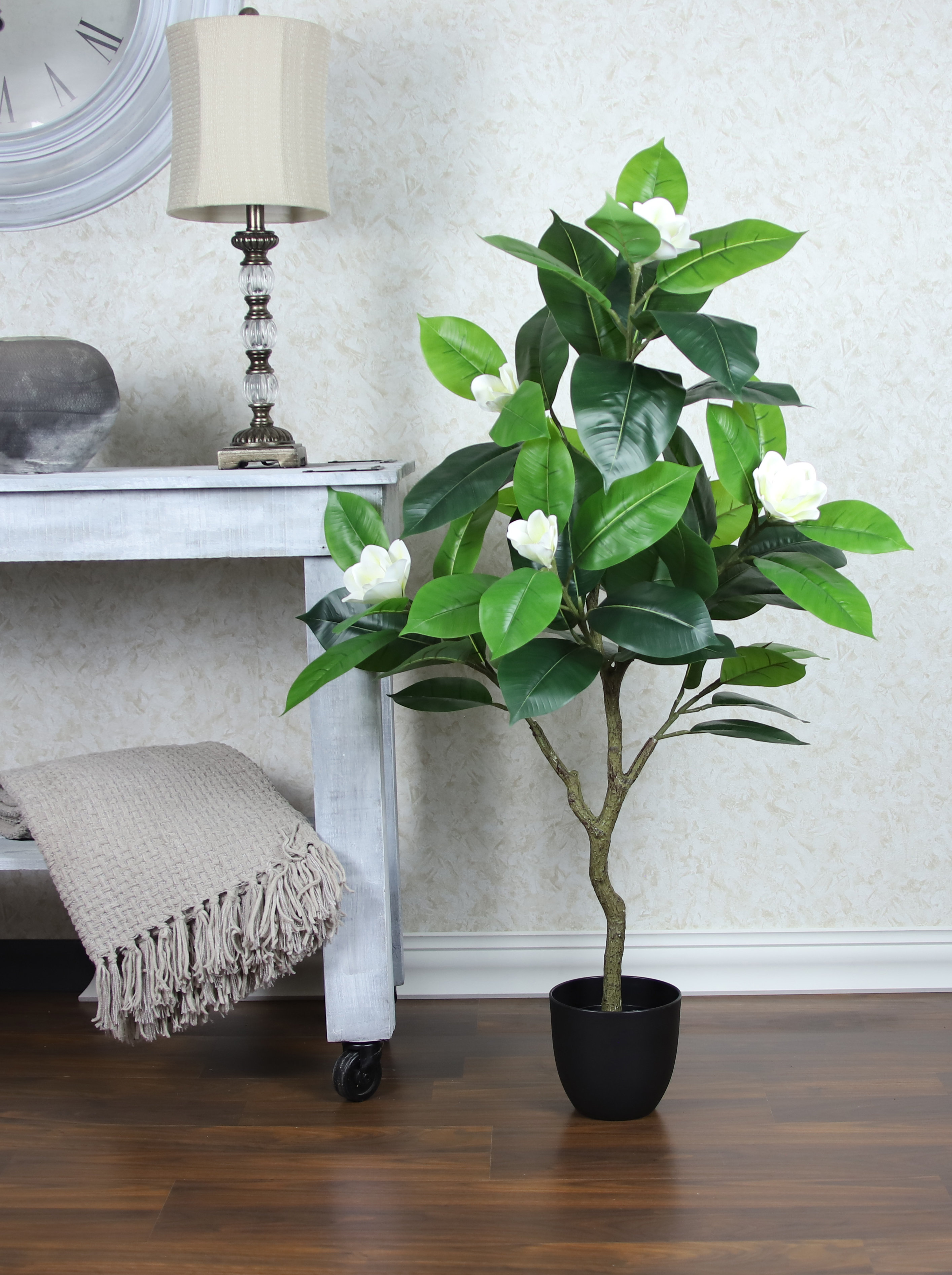 Primrue Ramey 50'' Artificial Green with White Blossom Silk Magnolia ...