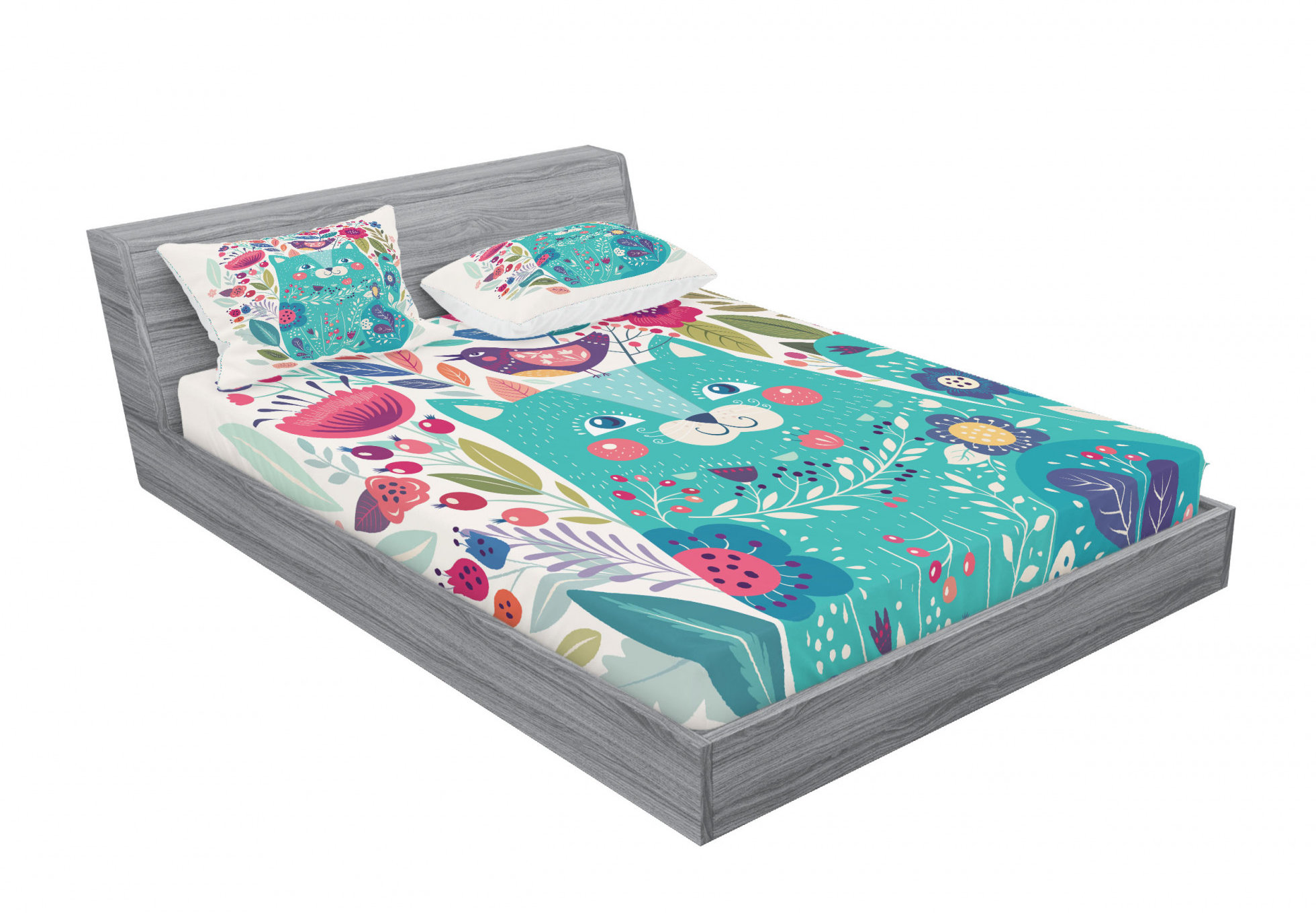 Ambesonne Cat Kitty Surrounded By Birds Flowers Ladybugs Inspirational ...