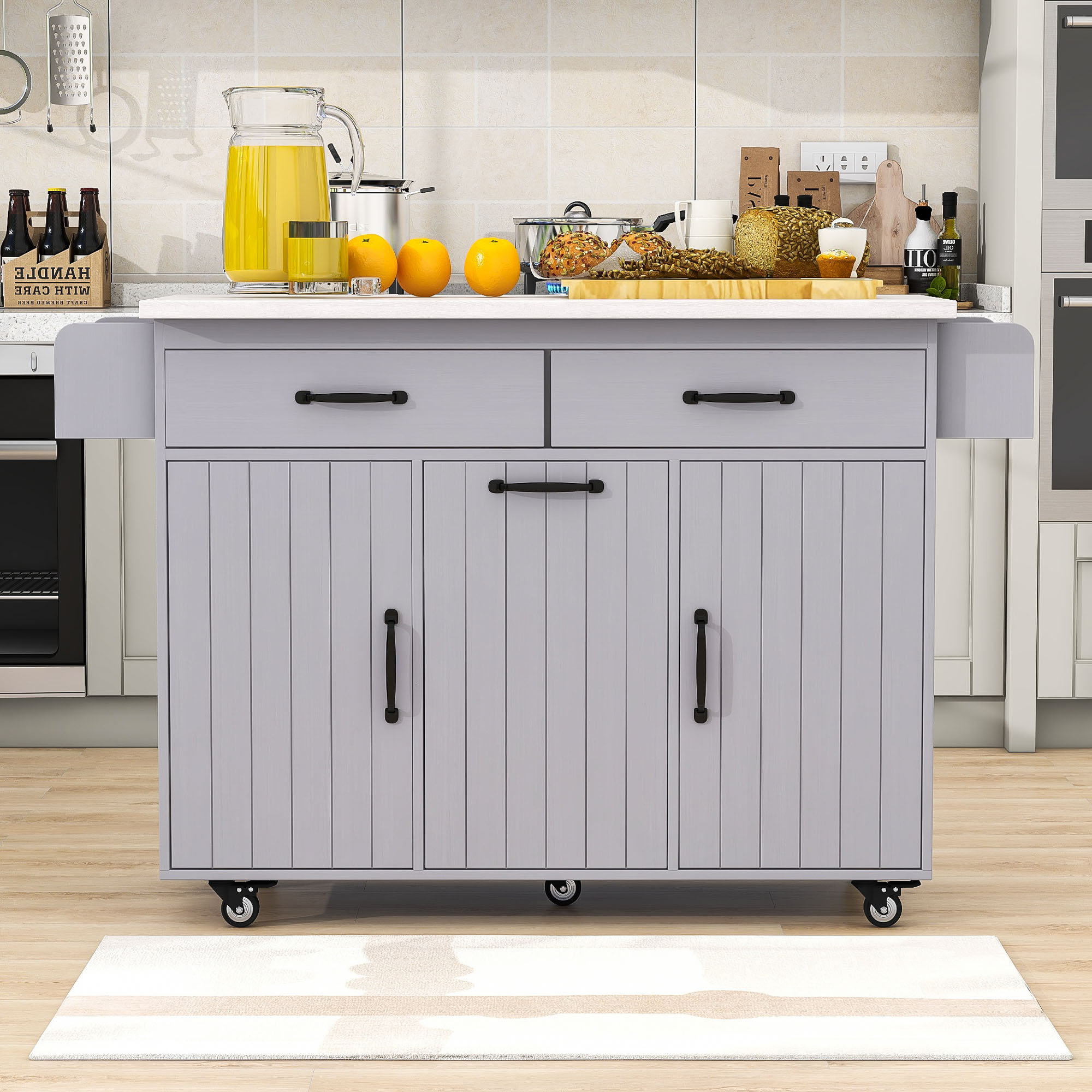 Gracie Oaks Kinlyn Wood Kitchen Cart with Storage and Trash Bin, Mobile ...