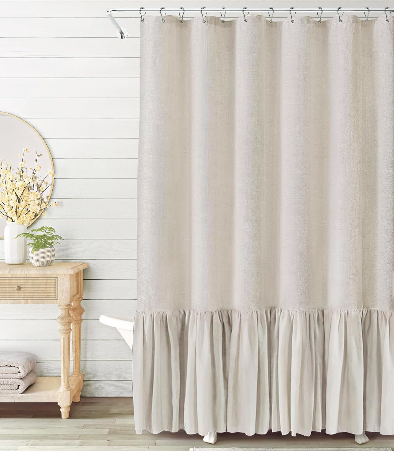 Gracie Oaks Beige Farmhouse Shower Curtain With A Ruffle Hem, Linen ...