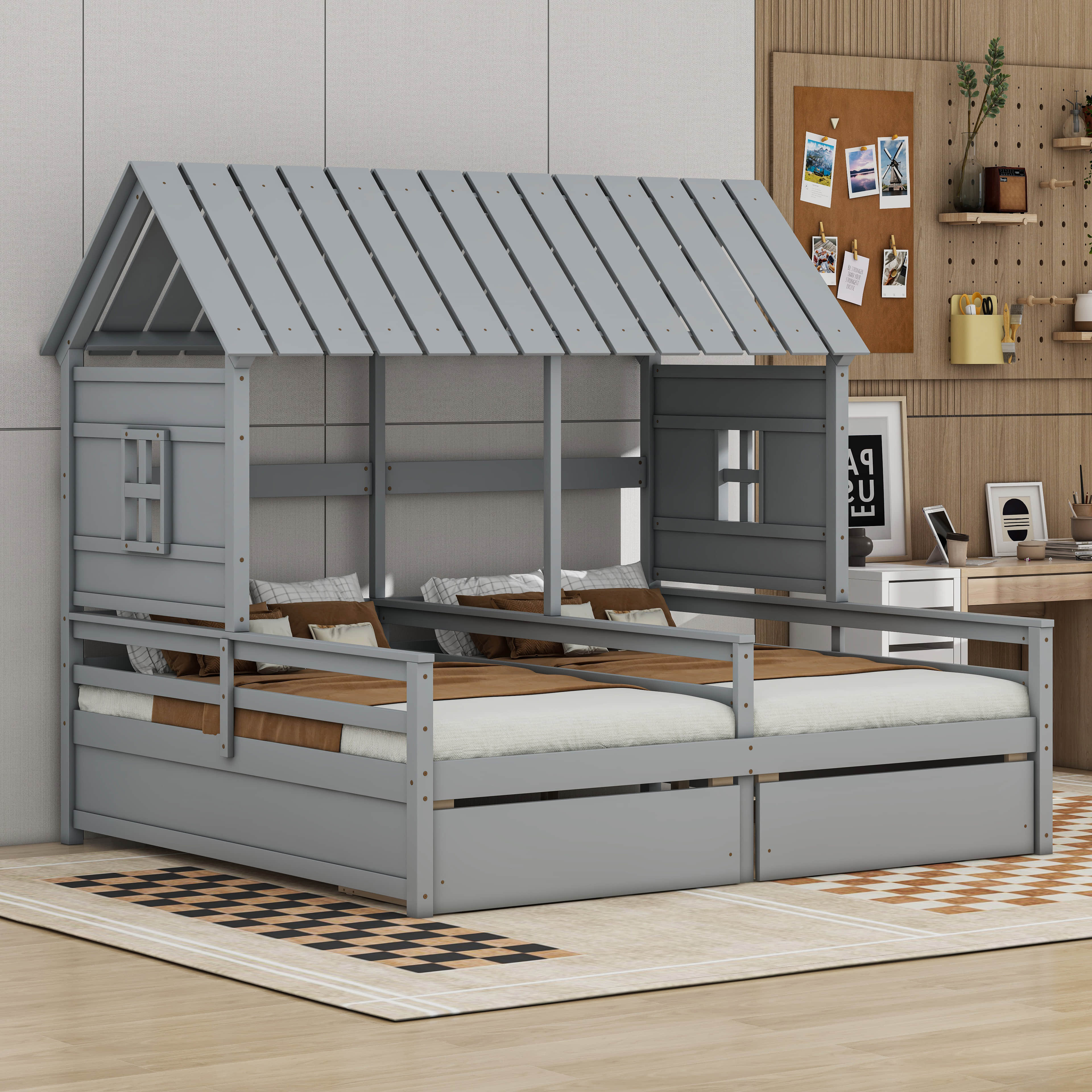 Cosmic Twin House Platform Beds With Two Drawers, Combination Of 2 Side ...