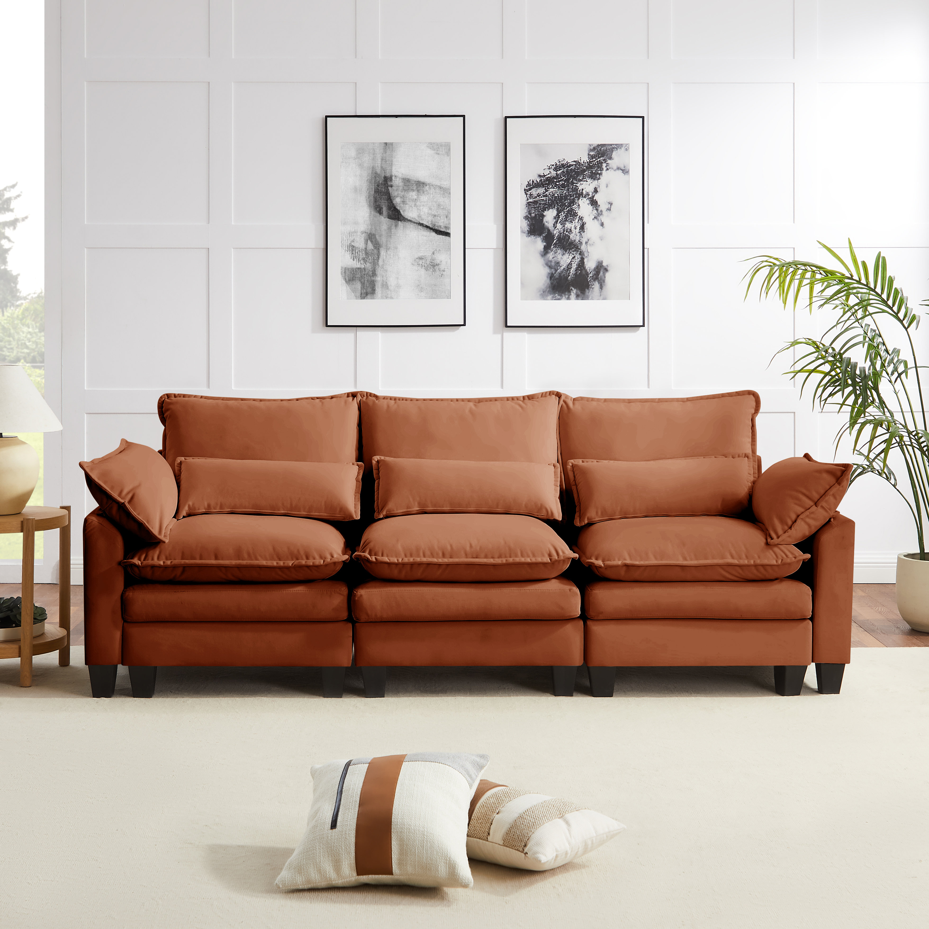 Mercer41 Modular Sofa With Pillow Armrest, Comfy Velvet Fabric Couch ...