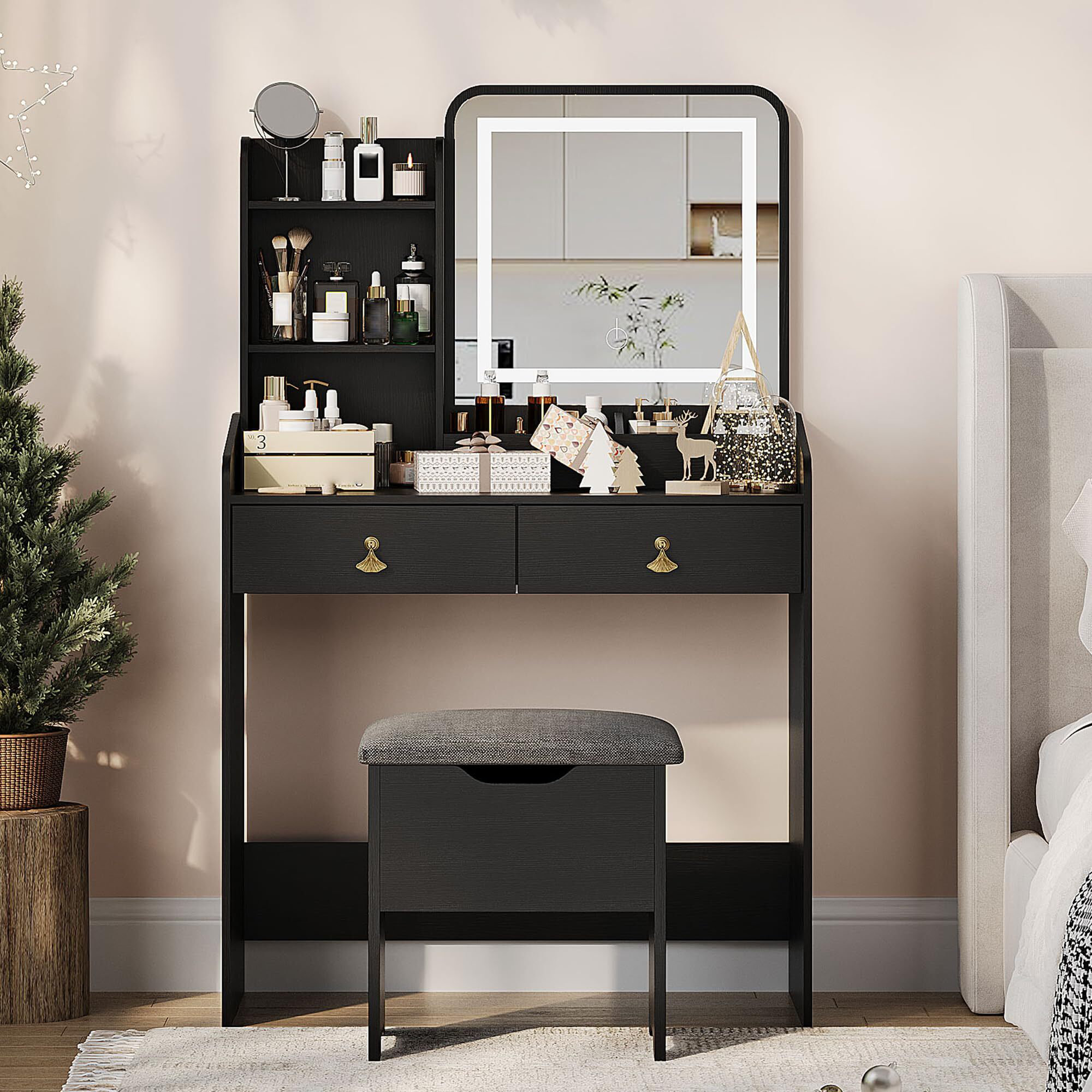 Ebern Designs Vanity Desk With LED Light Mirror And Charging Station ...