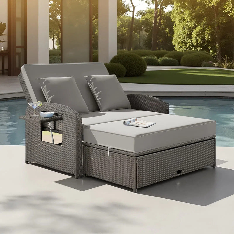 Lark Manor™ 45.7" Wide Reclining Wicker Double Chaise with Cushions ...