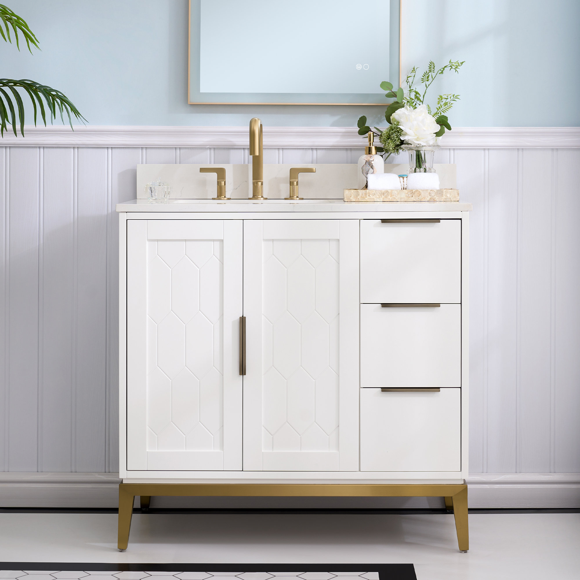 Everly Quinn 35'' H X 36'' W Solid Wood Bath Vanity with Stain ...