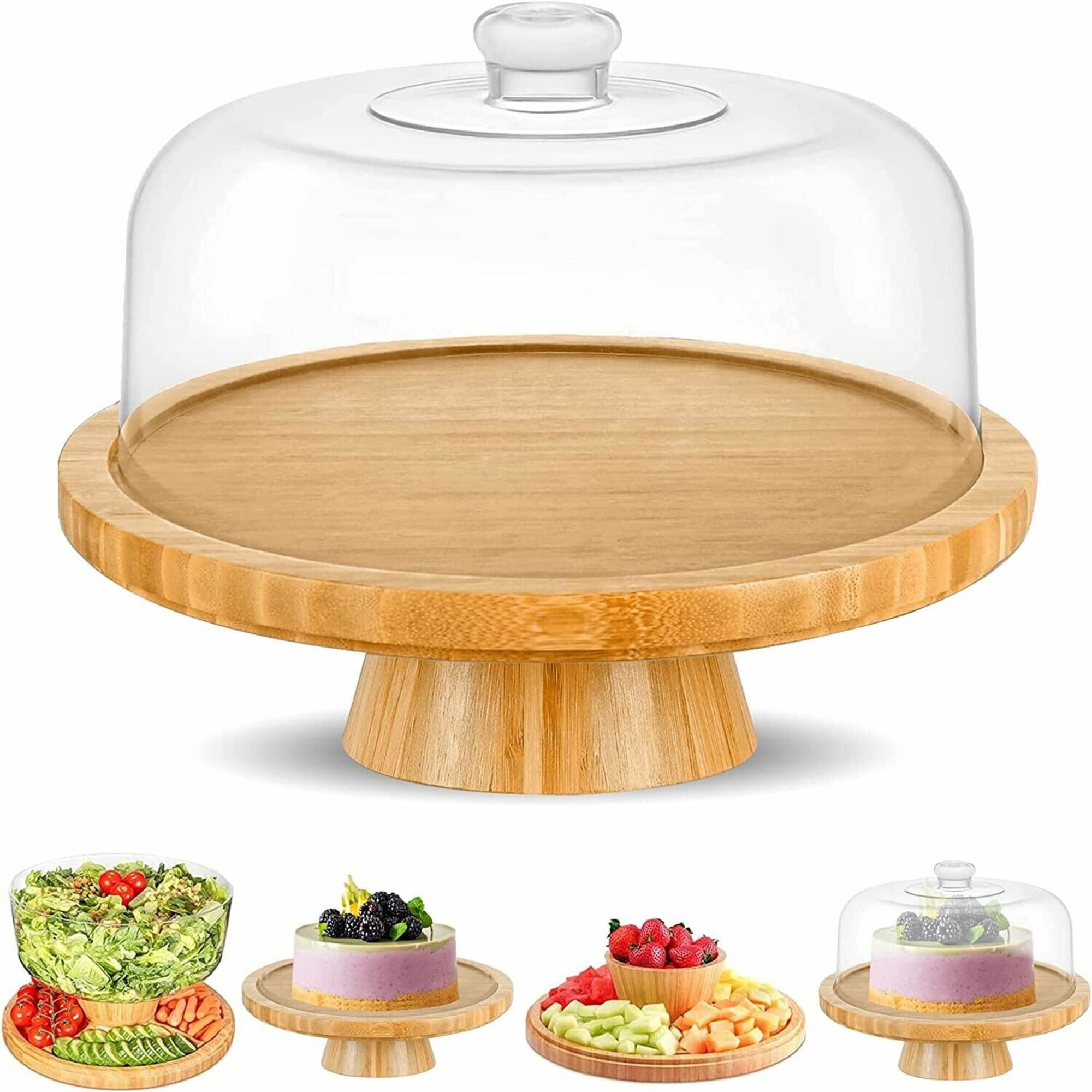 All For U Inc Bamboo Cake Stand With Dome Cover - 6 In 1, 12.8" Round ...