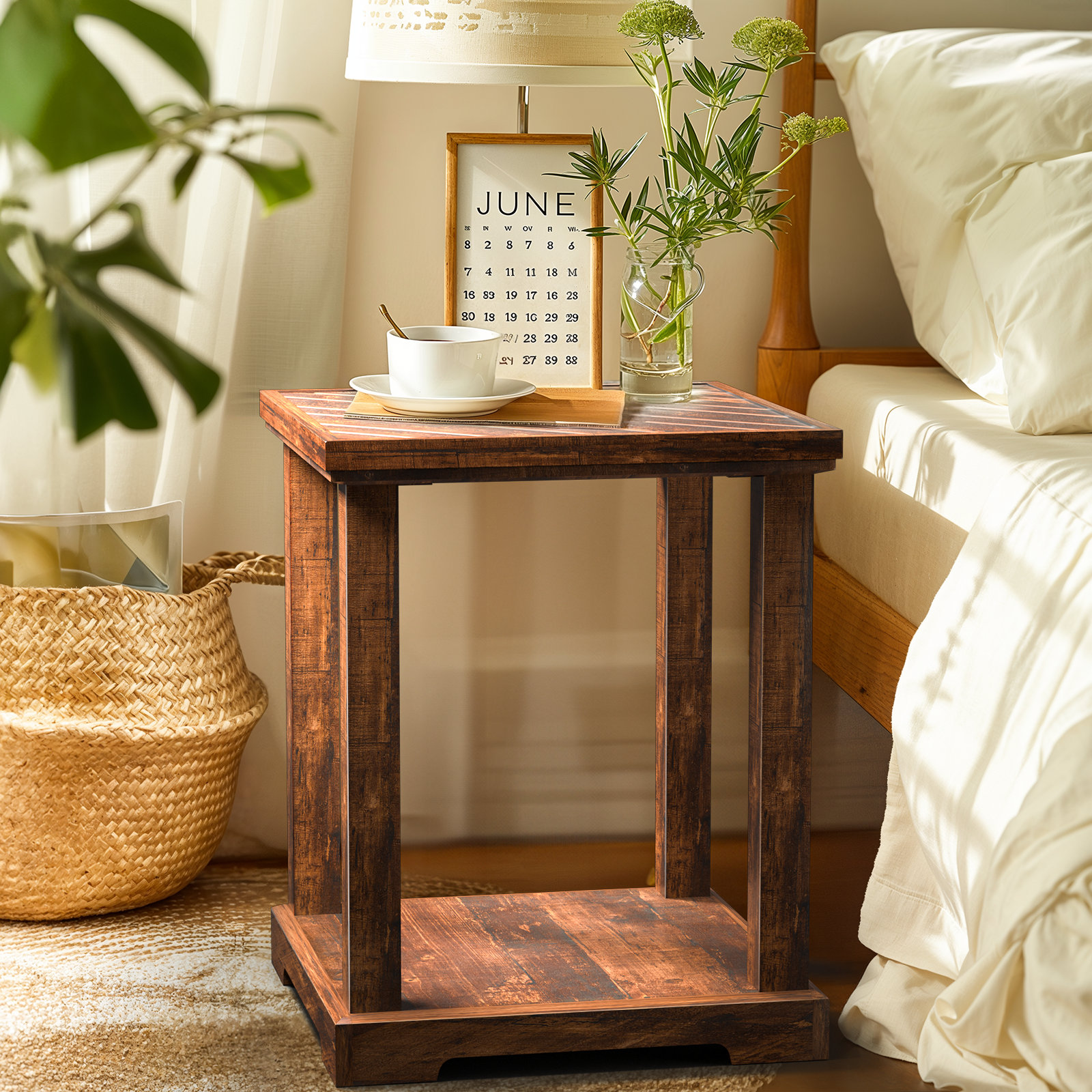 Millwood Pines Wood Rectangular End Table with Lower Shelf, Nightstand ...