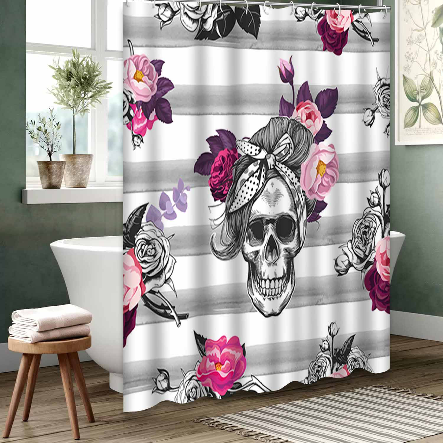 East Urban Home White Waterproof Shower Curtain,Hipster Seamless with Skulls Flowers Roses ...