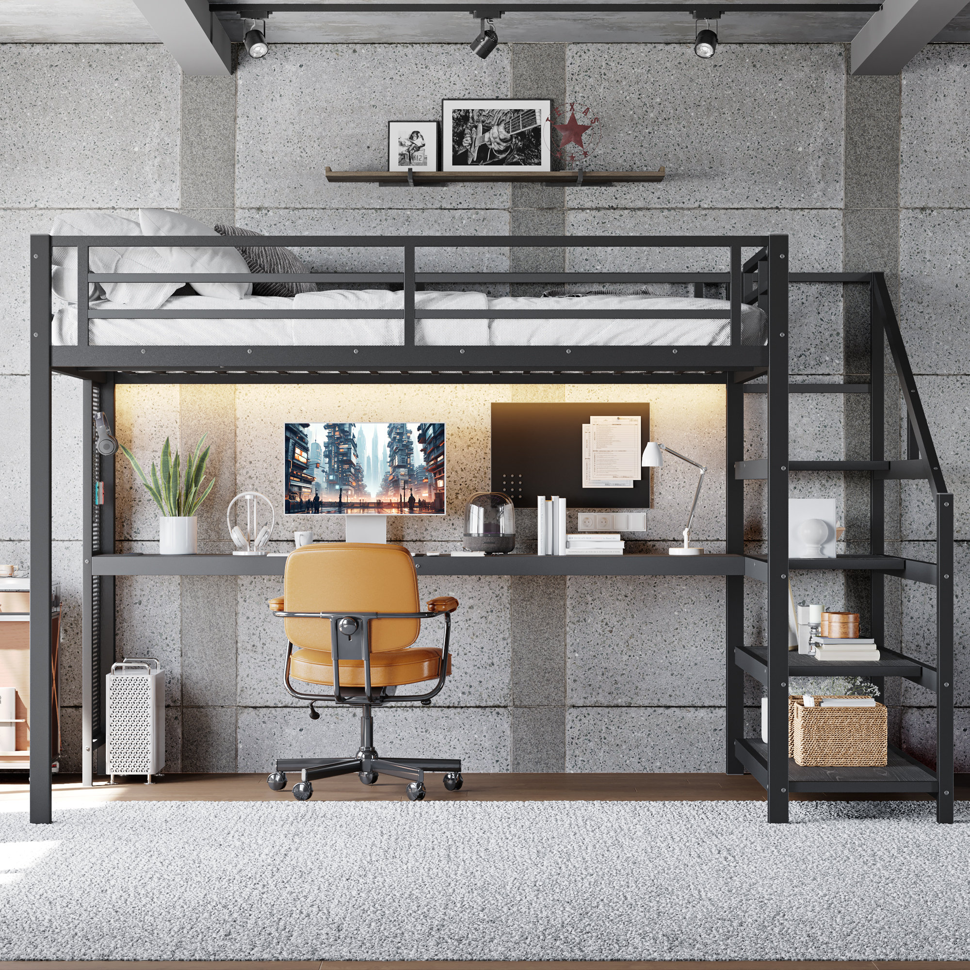 Ivy Bronx Queen Loft Bed with Desk and Storage Stairs, Metal Loft Beds ...