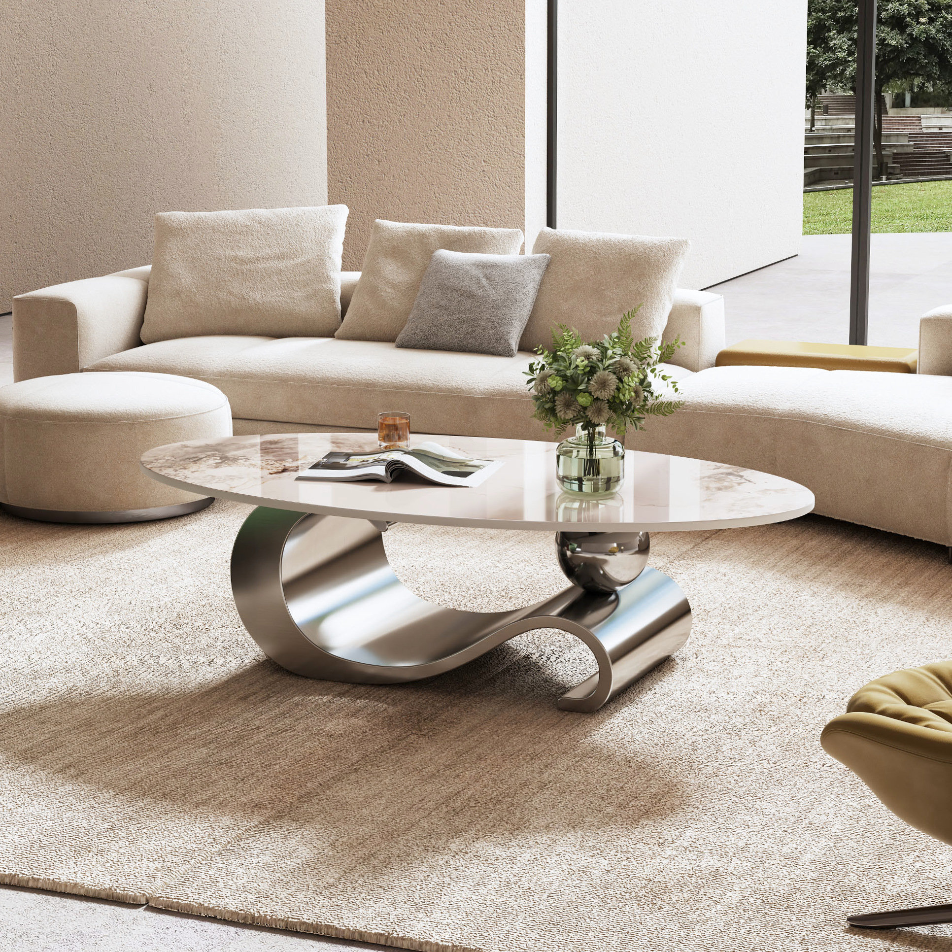 Latitude Run® 49.2" Faux Marble Coffee Table With Gray Stainless Steel ...