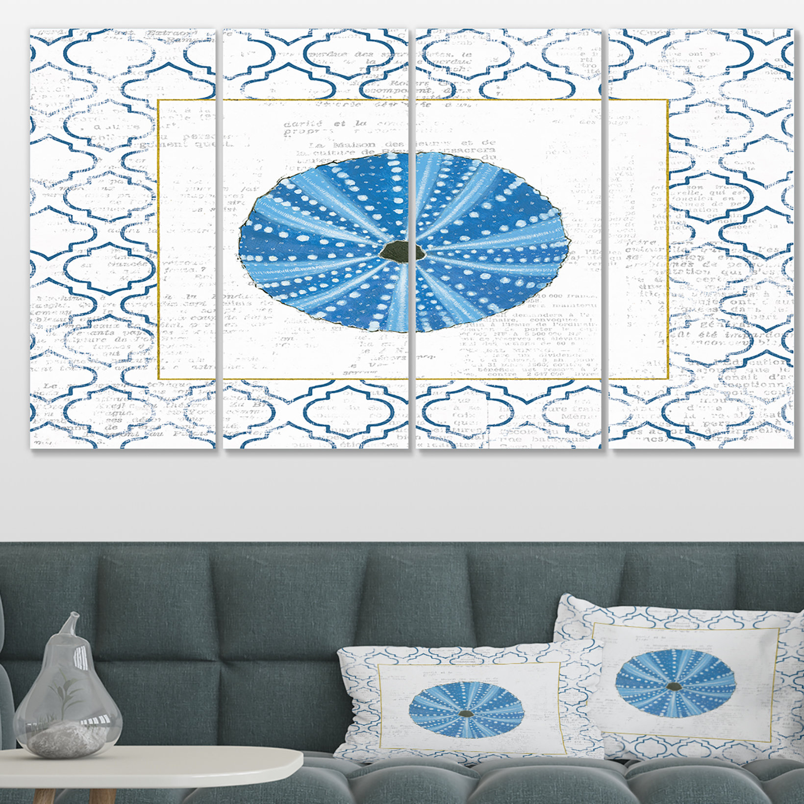 East Urban Home 'Blue Conch Shell on Blue Coastal Pattern' Print Multi ...