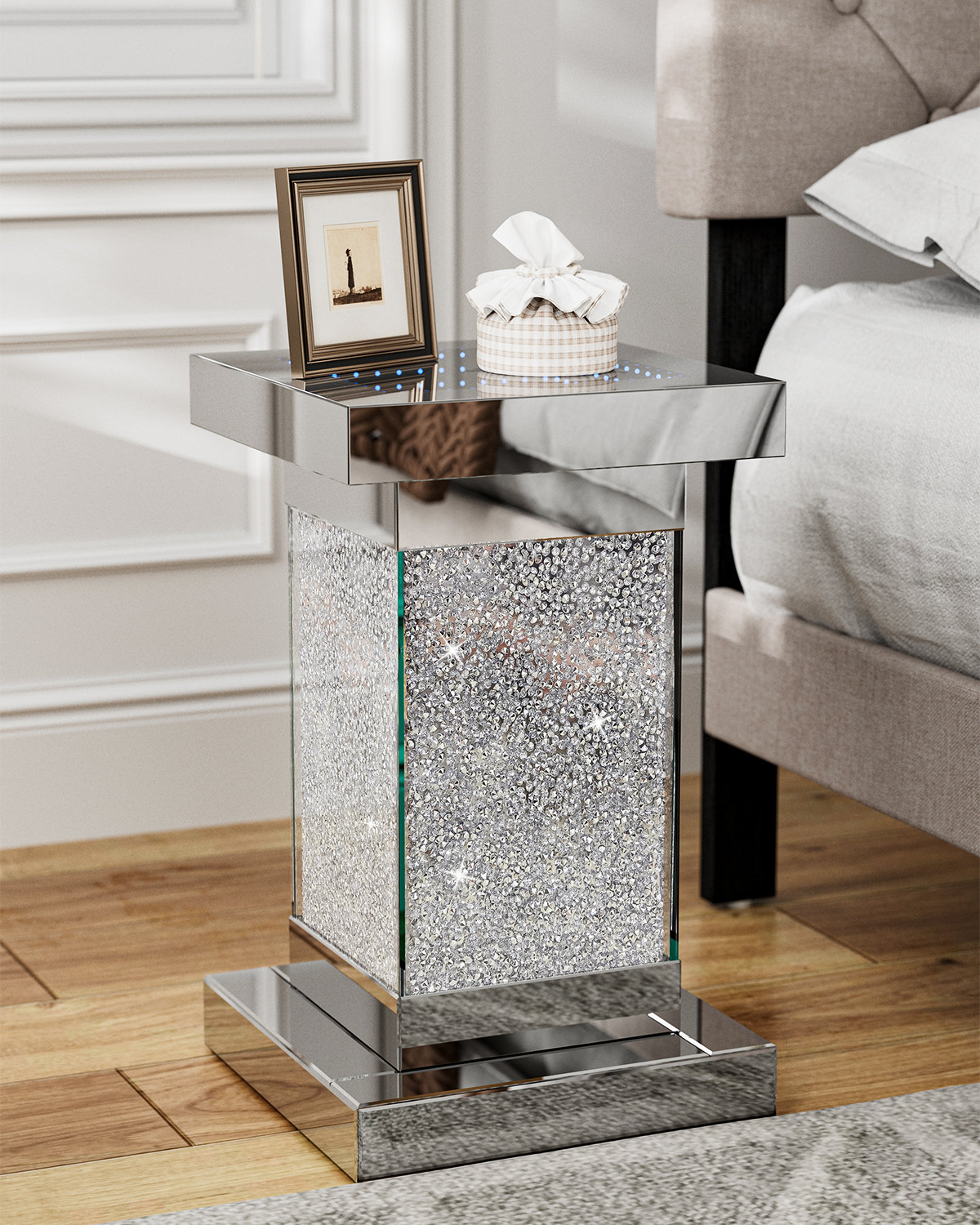 House of Hampton® Mirrored End Table With Led Lasagna Lights, Modern ...