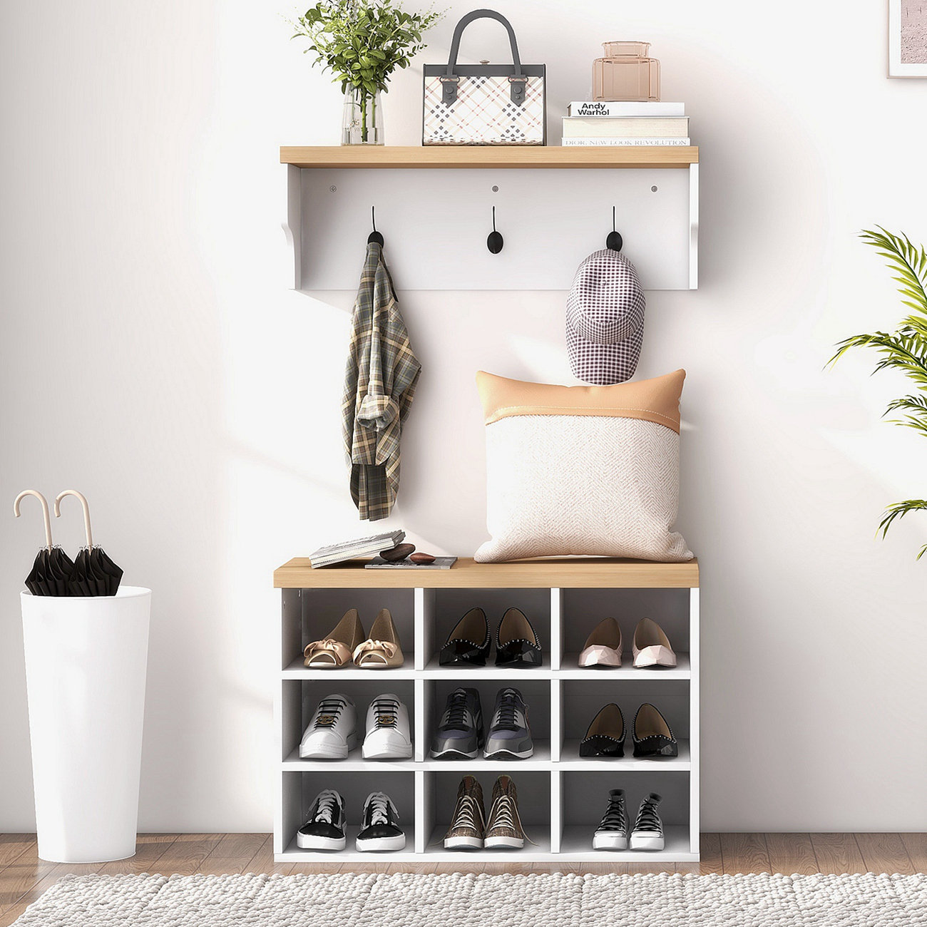 Ebern Designs 2-in-1 Coat Rack Shoe Bench Set, 9 Pair Shoe Storage ...