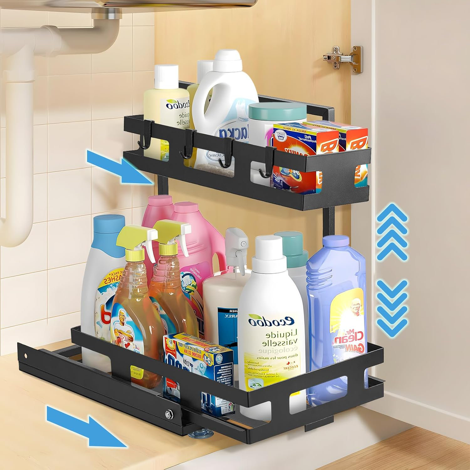 HAPPY LIFE Under Sink Organizer - 2-Tier Black Metal Pull-Out Drawer ...