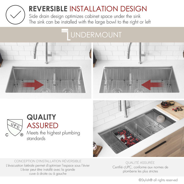 Stylish Versa Undermount 36'' Stainless Steel Double-Bowl Kitchen Sink ...