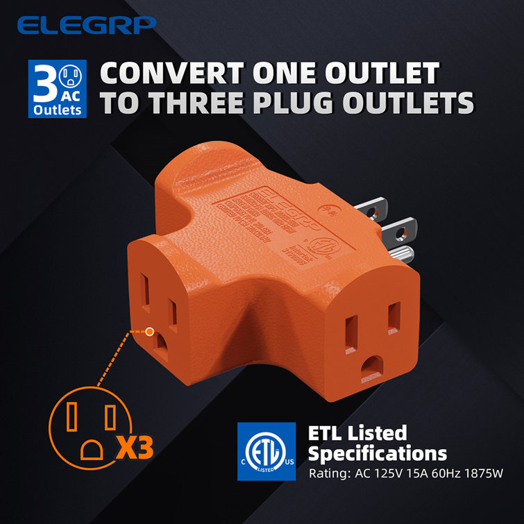 ELEGRP 3 Prong Heavy-Duty Grounded Triple Tap Adapter Outlet In T ...