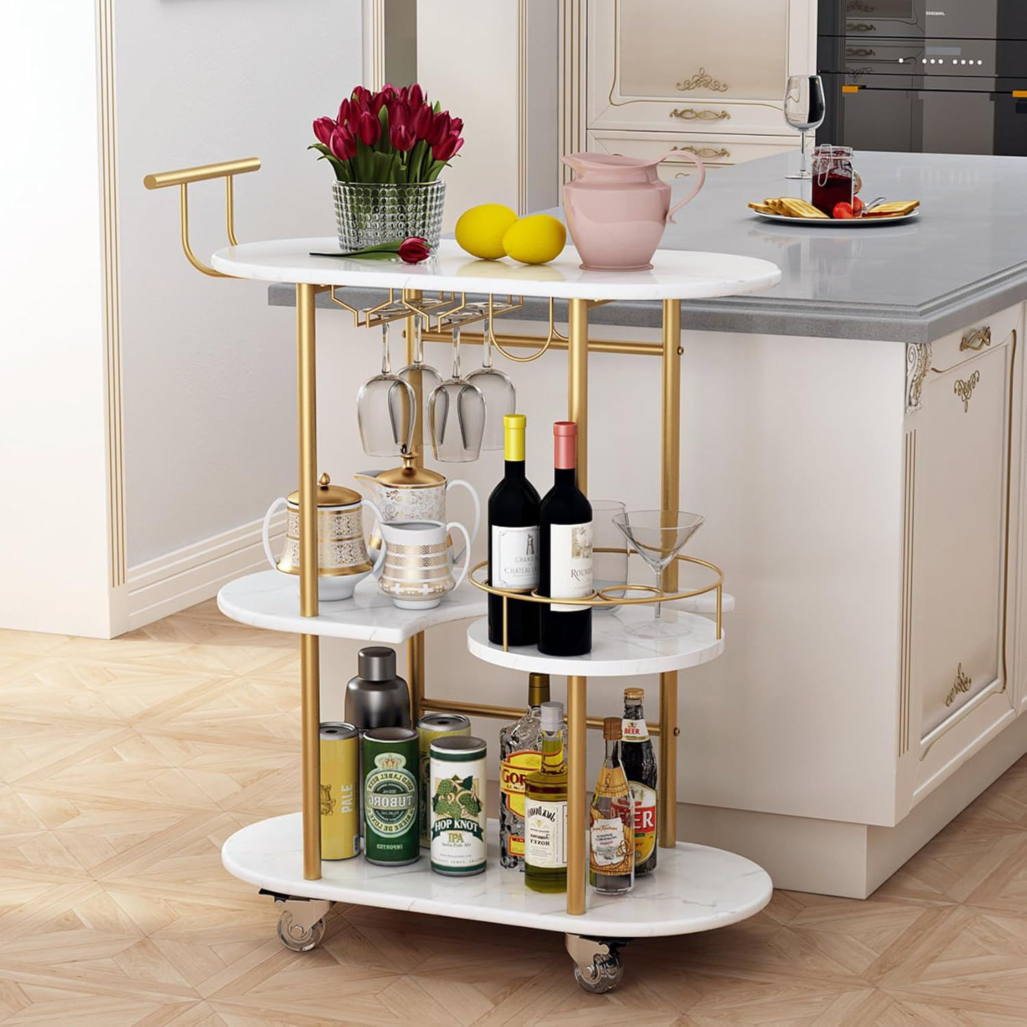 Mercer41 3 Tier Gold Bar Carts for Home Bar Serving Cart with Wheels ...