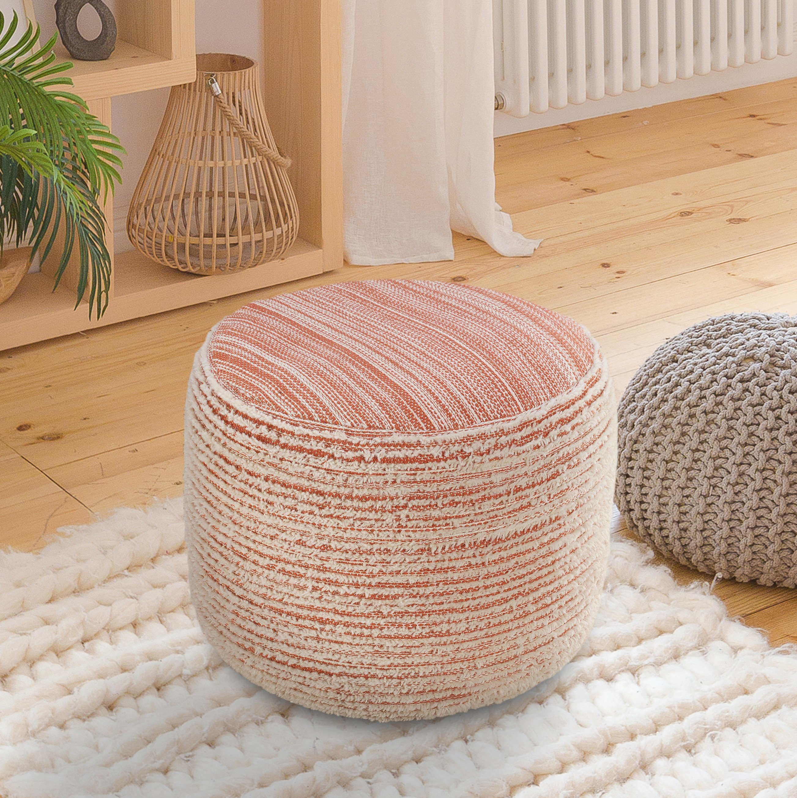 Foundry Select Risingsun Striped Fringed 18" Wide Round Pouf Ottoman ...