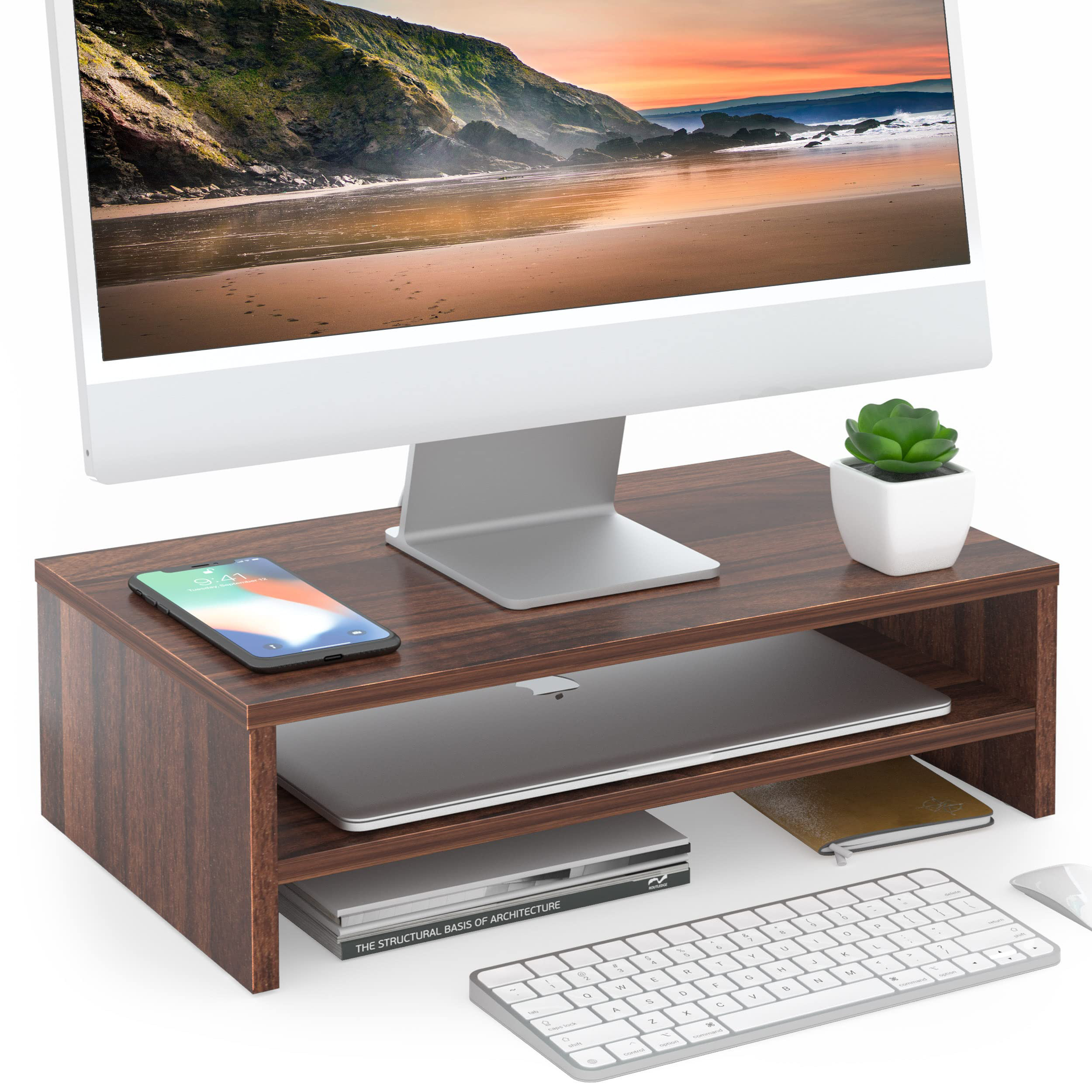 wanmo Monitor Stand - 2 Tier Computer Monitor Riser With Shelf, Wood ...