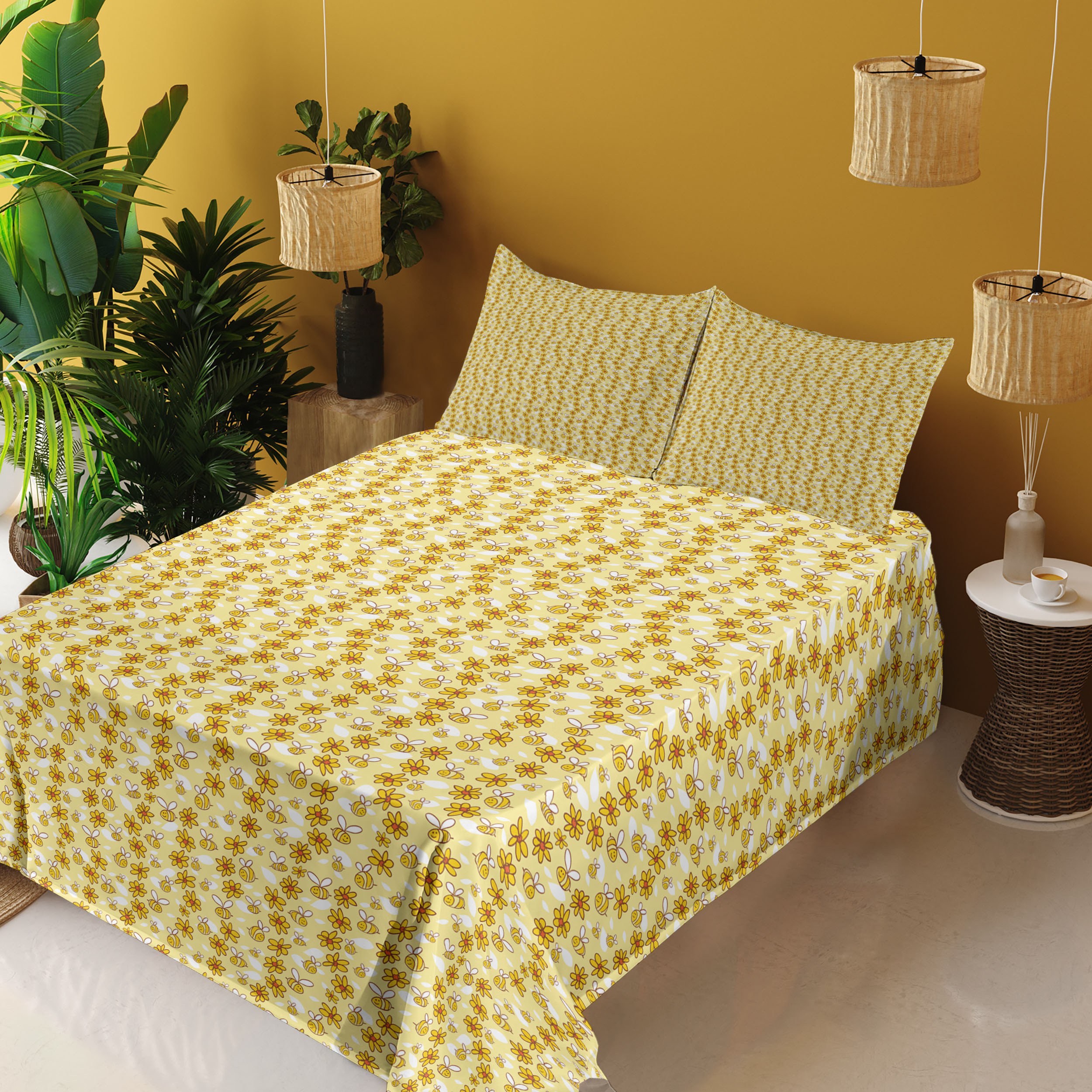 Ambesonne Bee Sheet Set 4 Pcs Happy Wasps with Flowers Art Earth Yellow ...